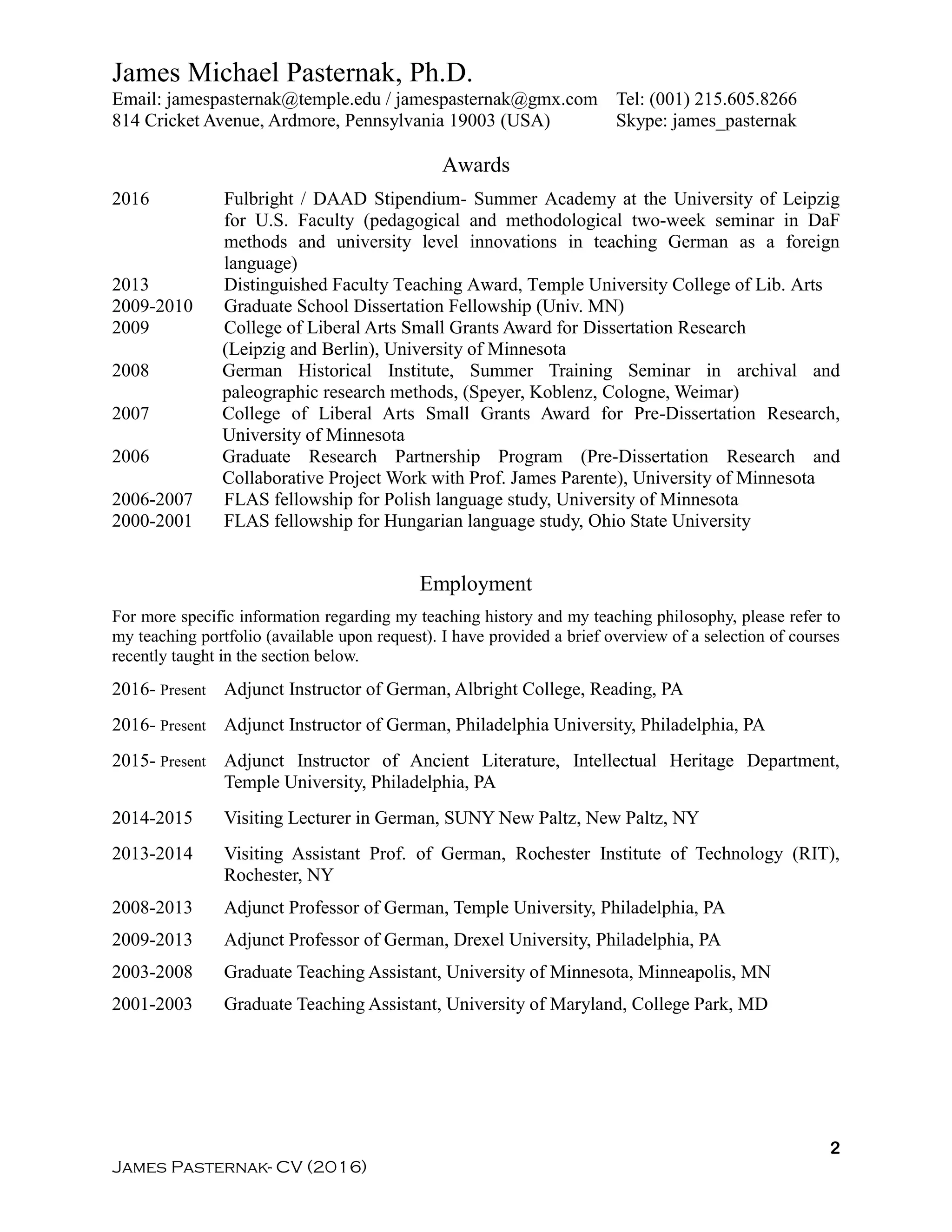 CV- James Pasternak (2016) | PDF