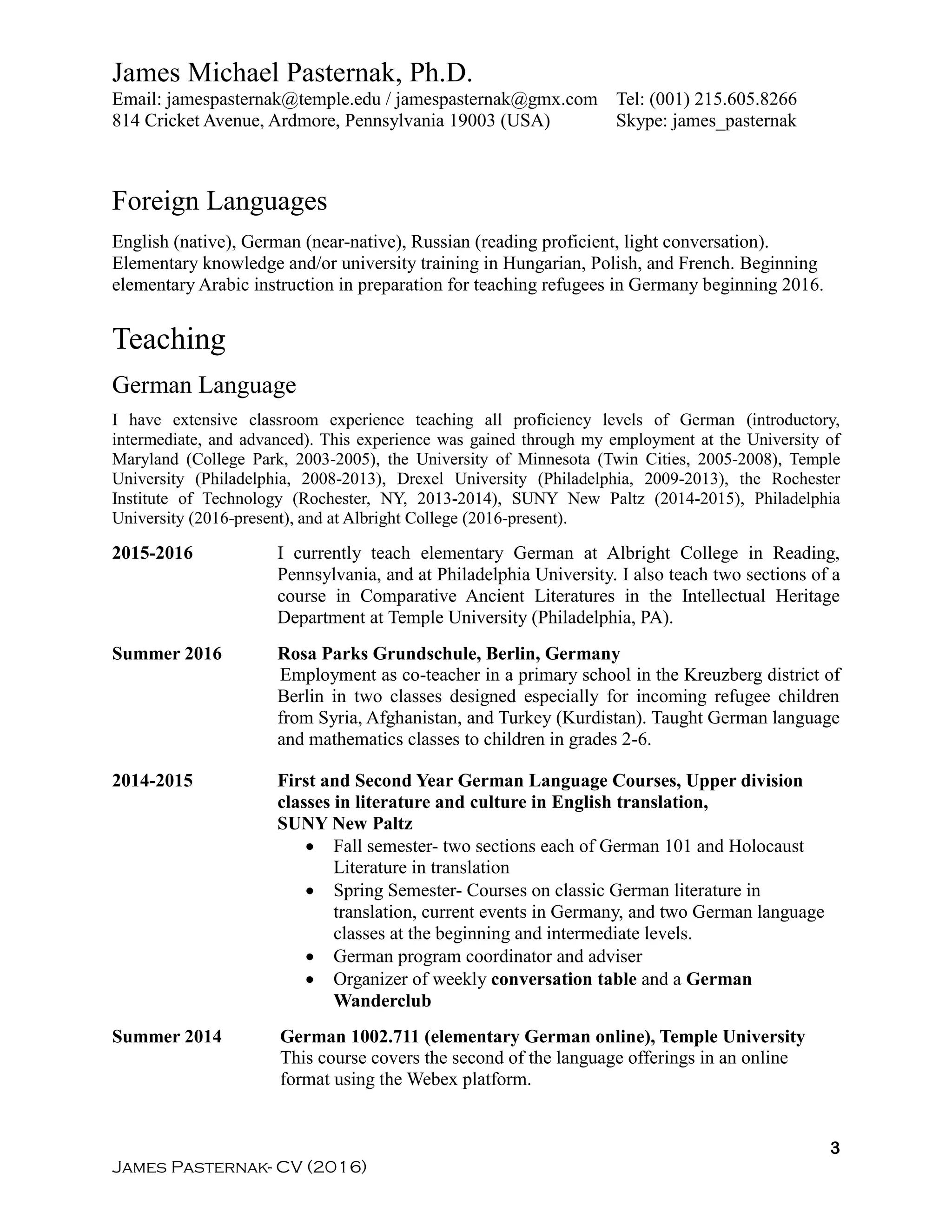CV- James Pasternak (2016) | PDF