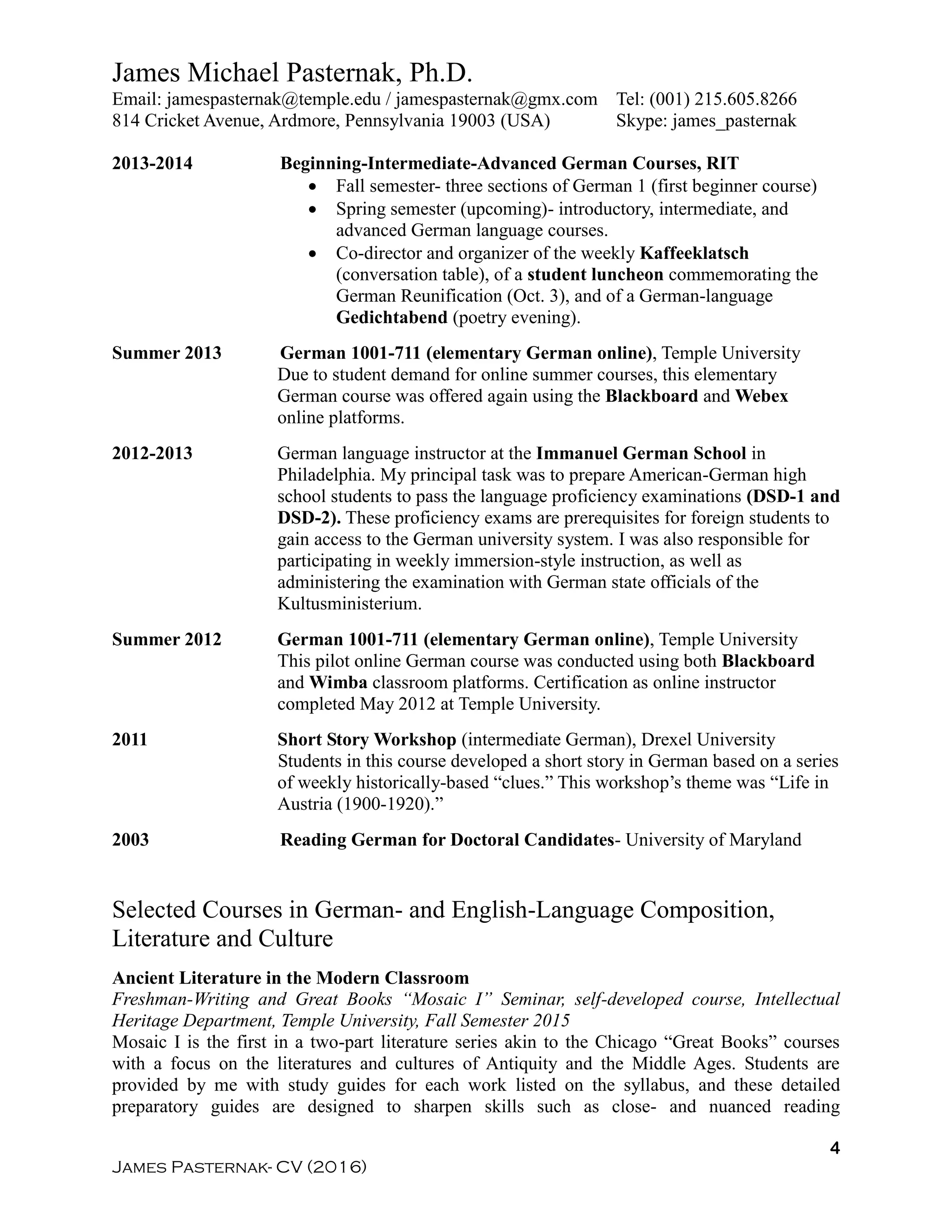 CV- James Pasternak (2016) | PDF