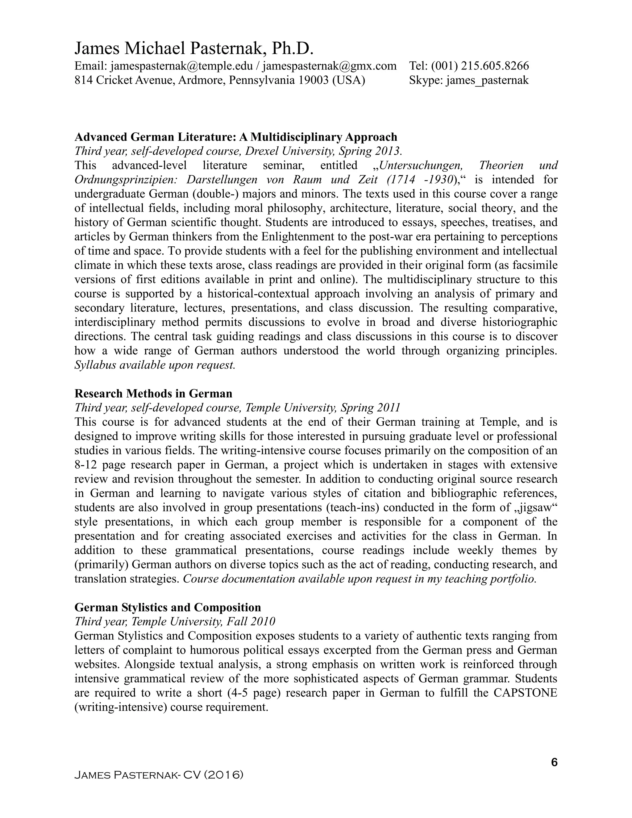 CV- James Pasternak (2016) | PDF