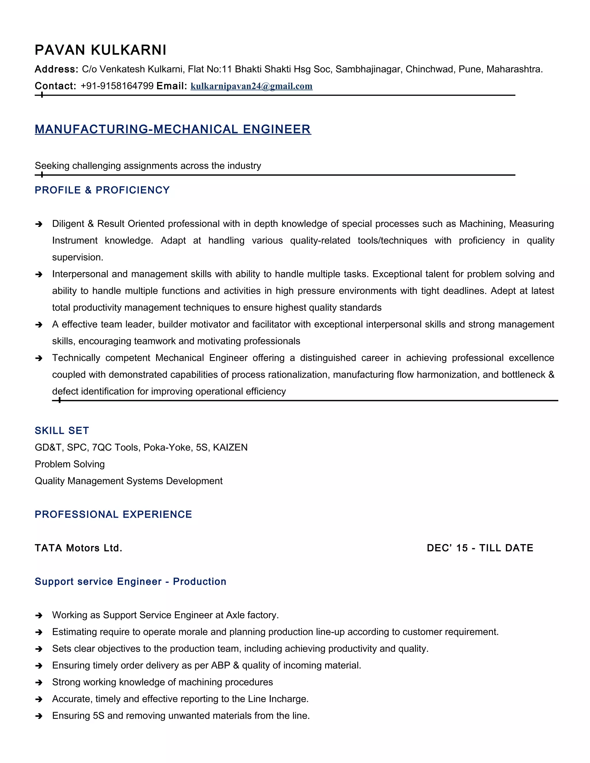 Resume_Pavan | DOC | Manufacturing Industry | Industries