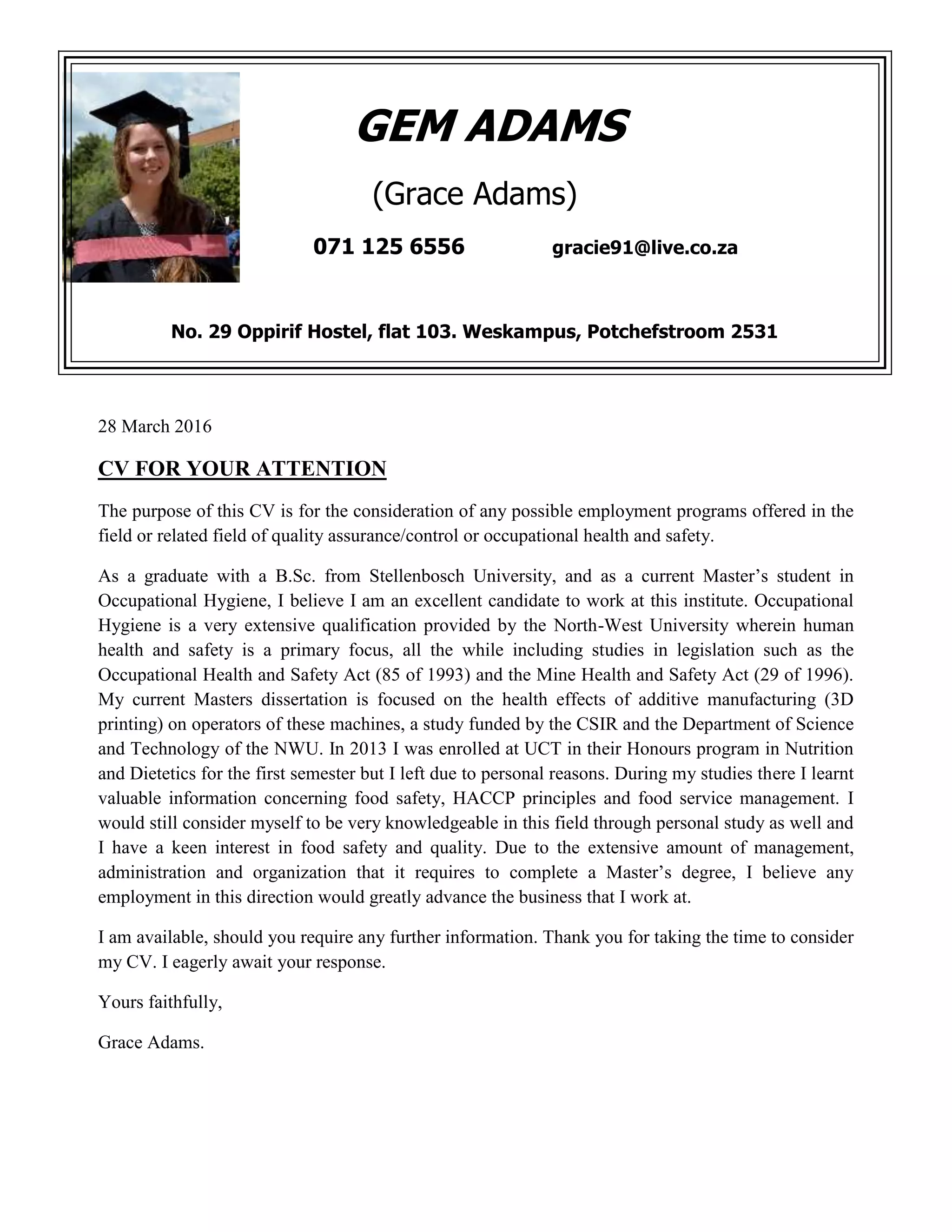 CV Grace Adams Food safety | PDF