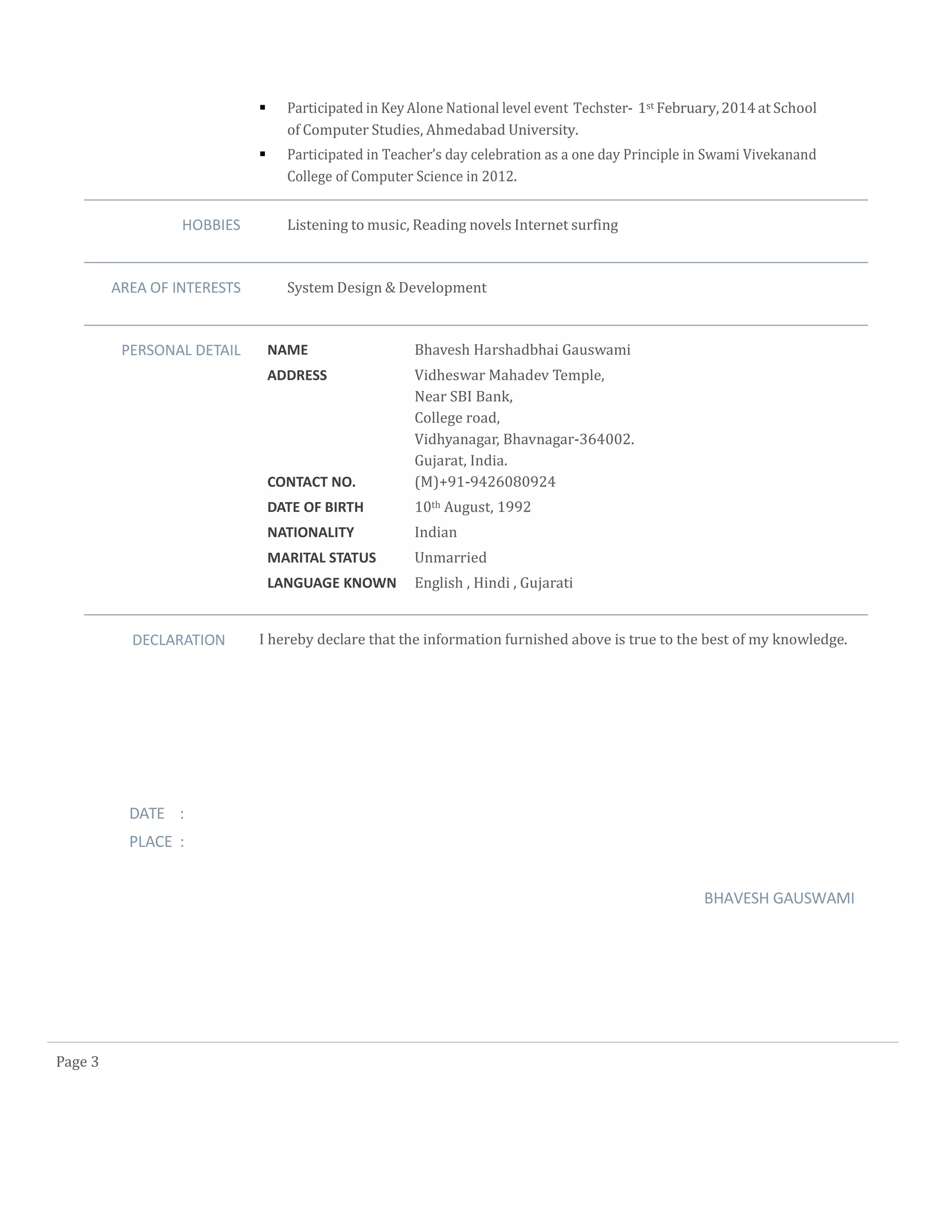 Resume_Bhavesh_Gauswami_MCA | PDF | Programming Languages | Computing