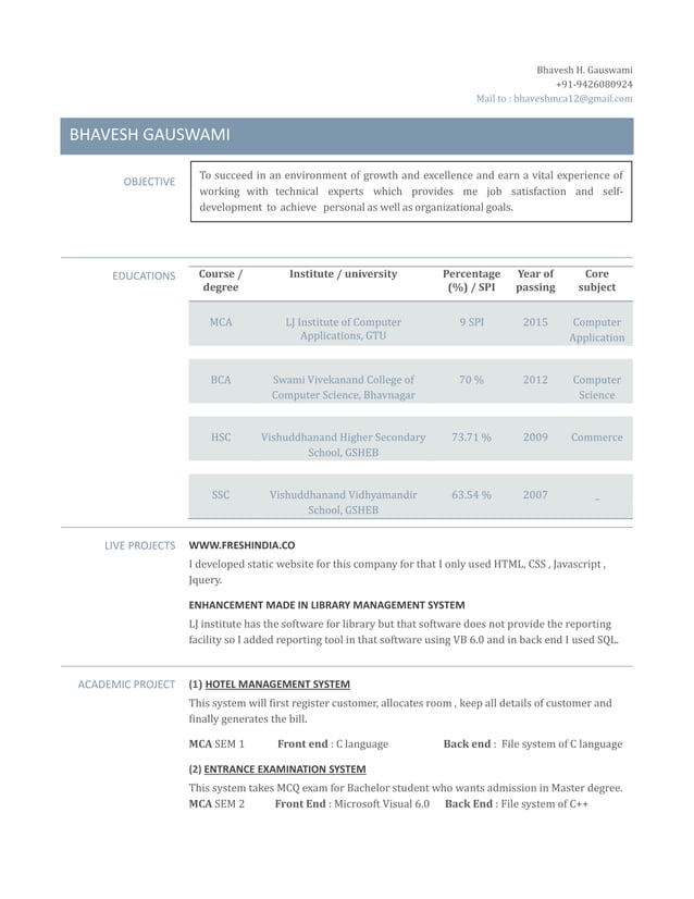 Resume_Bhavesh_Gauswami_MCA | PDF | Programming Languages | Computing