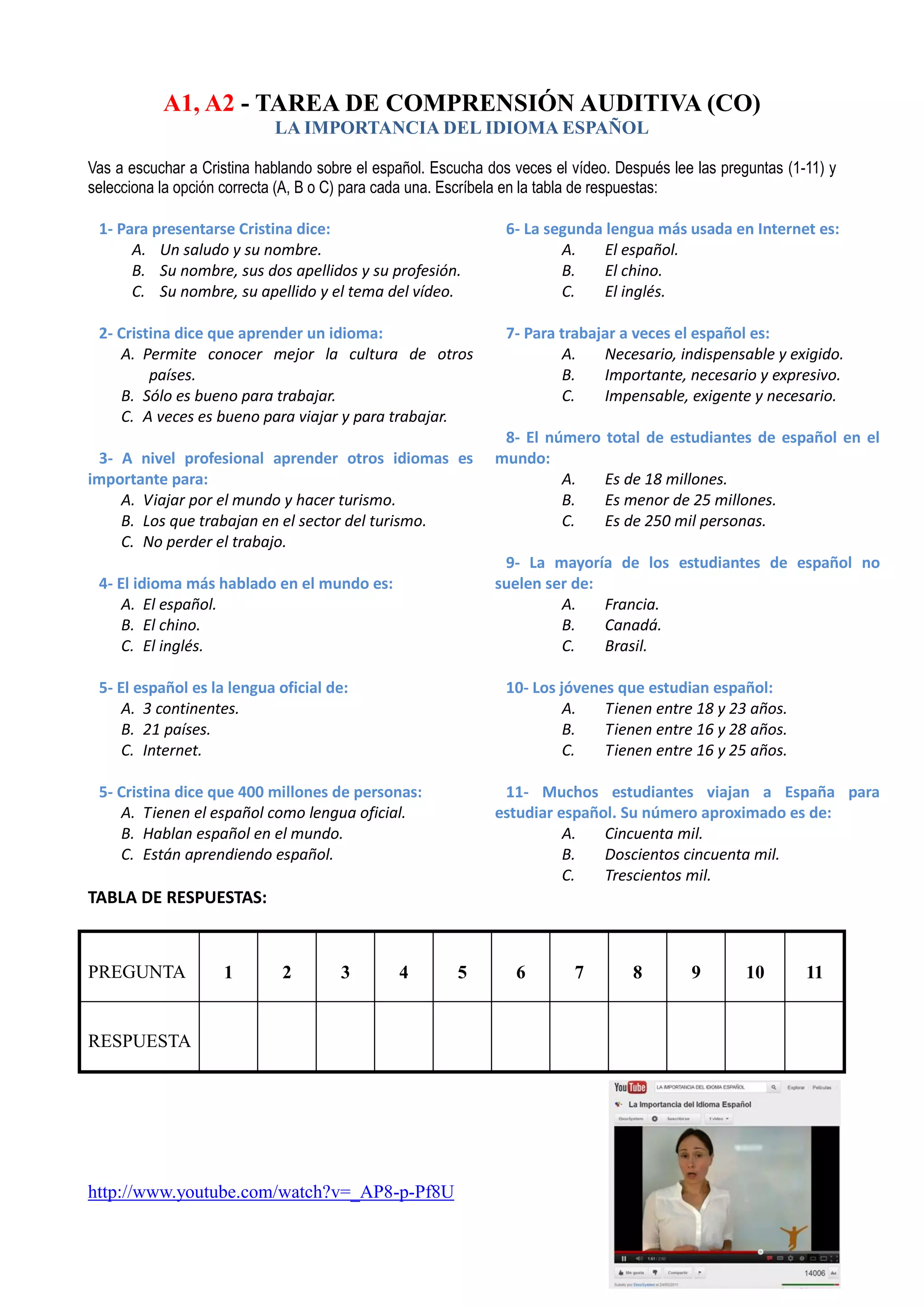 A1, a2 comprensión auditiva (co) importancia español | PDF