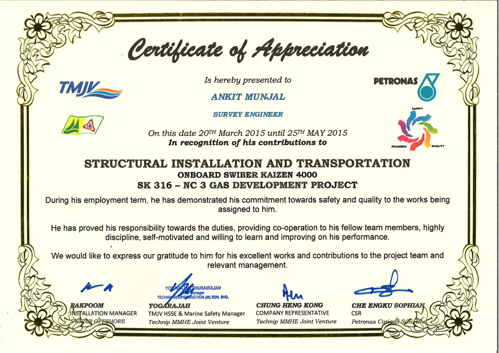 Petronas Certificate of Appreciation - Ankit Munjal Survey Engineer | PDF