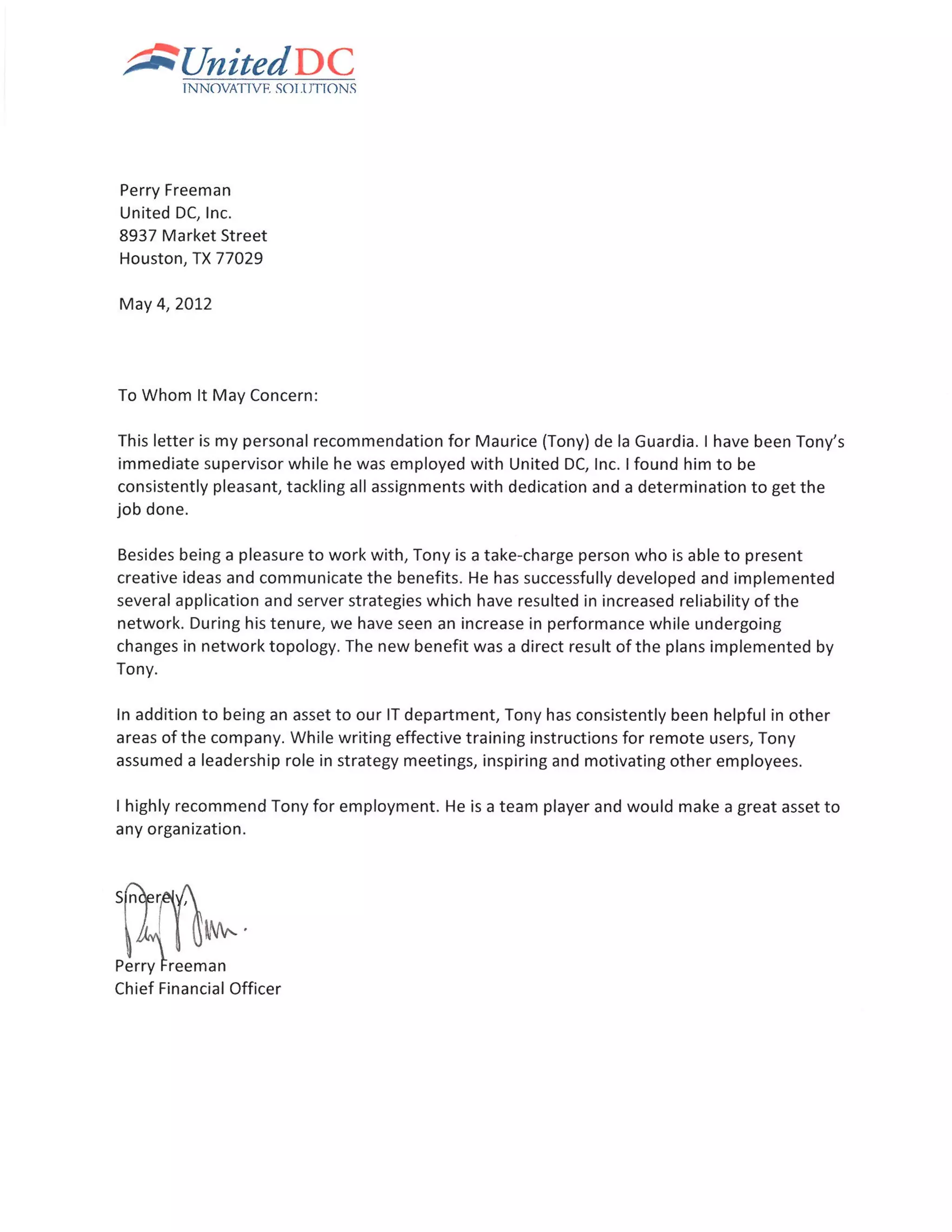 Perry Freeman Letter of Recommendation | PDF