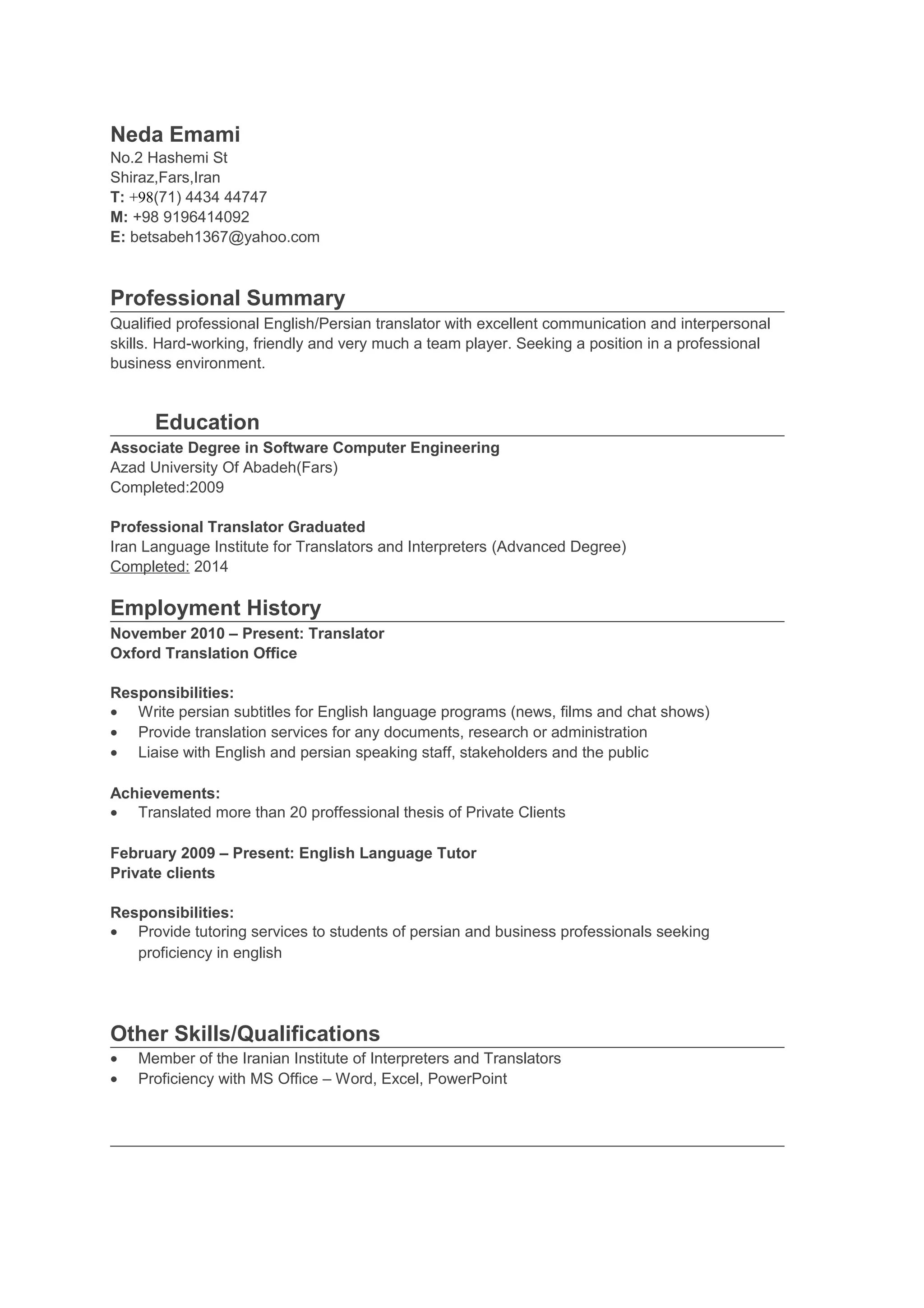 Neda Emami Translator Resume | DOC