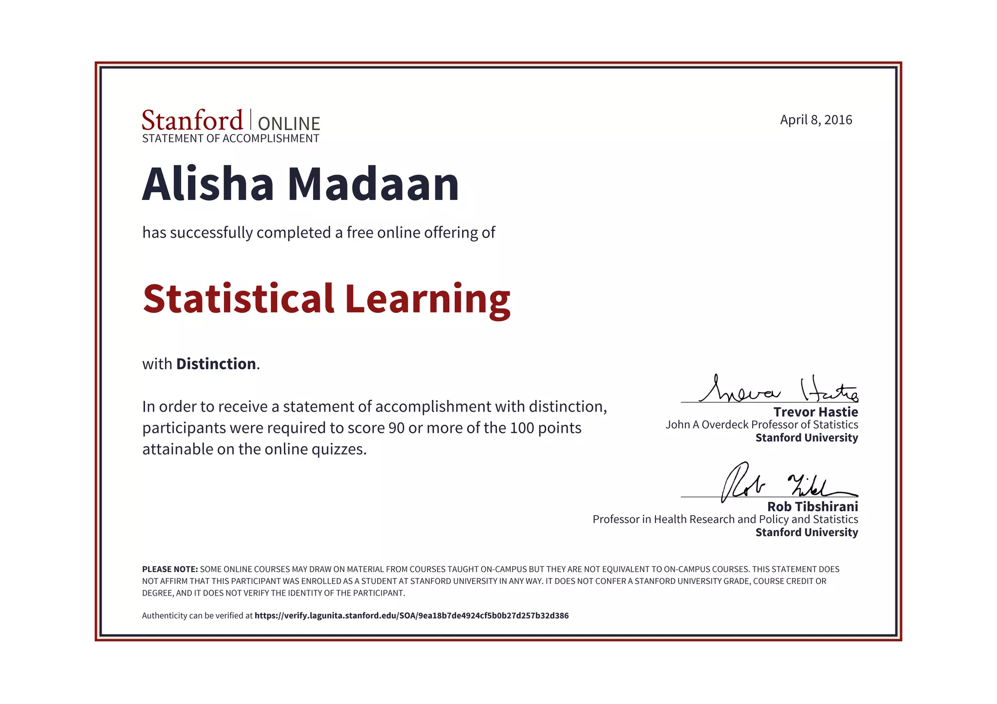 Statement of Accomplishment with Distinction_Stanford University | PPT