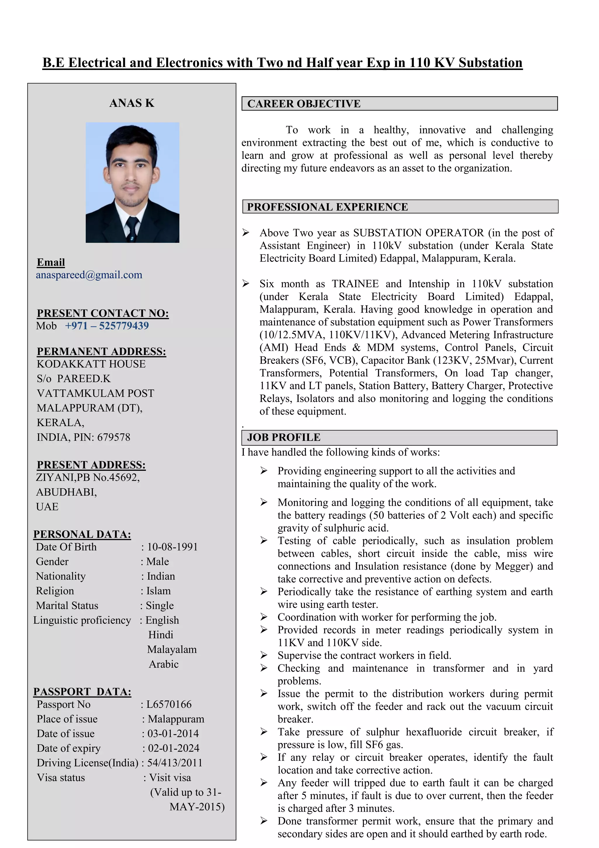 B. tech Electrical and Electronics Engineer with 2 and half year experience in 110 kV Substation ...
