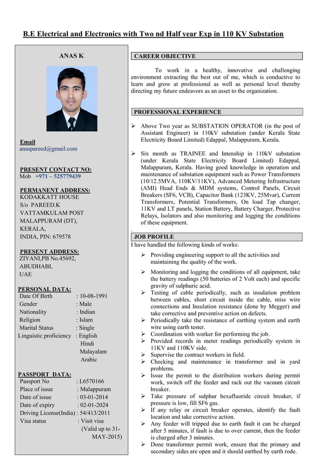 B. tech Electrical and Electronics Engineer with 2 and half year ...
