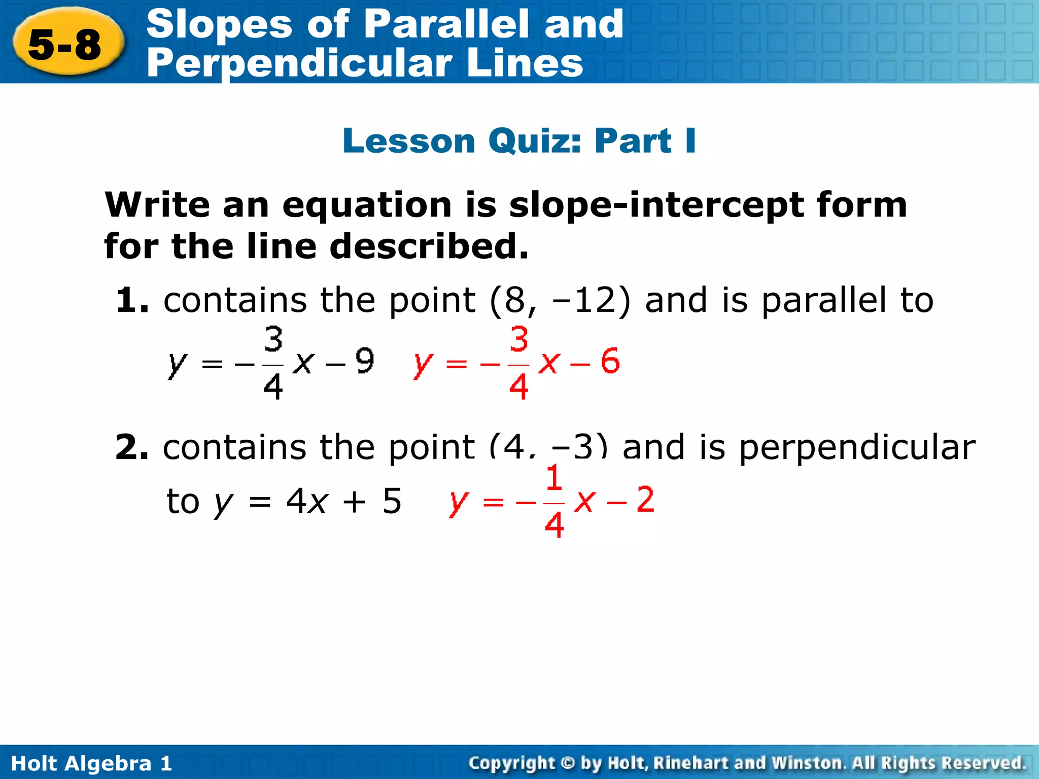 Chapter 5 Slopes of Parallel and Perpendicular Lines | PPT