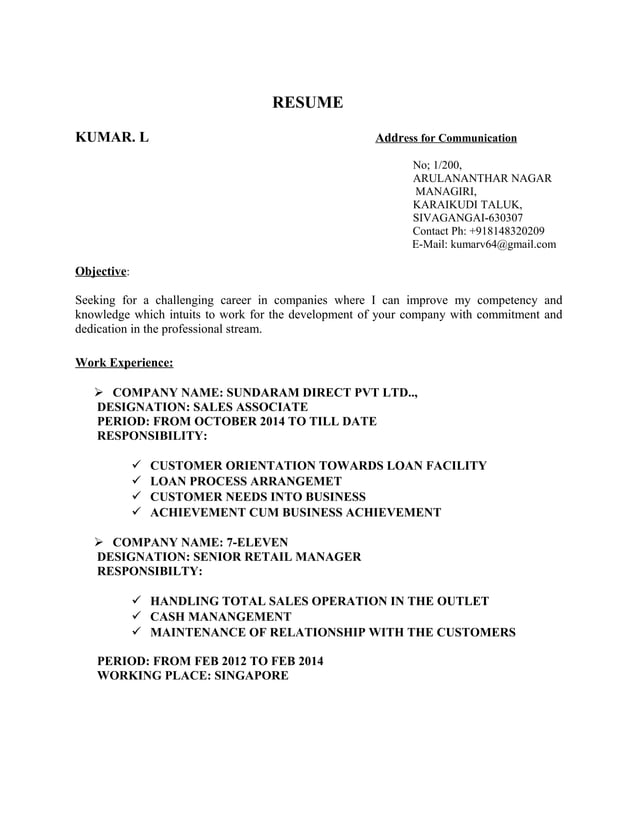 KUMAR RESUME | DOC | Business Accounting & Finance | Business