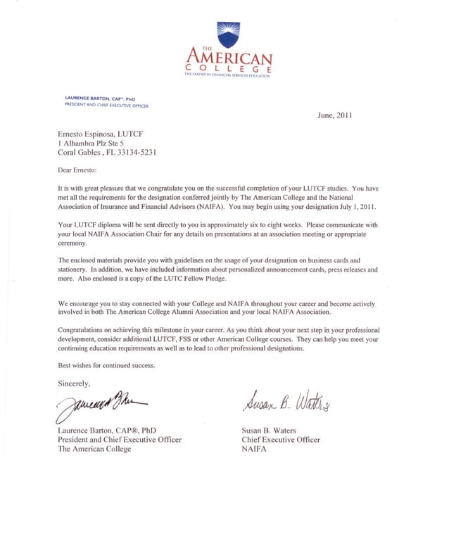 Ernesto Espinosa LUTCF Certificate | PDF