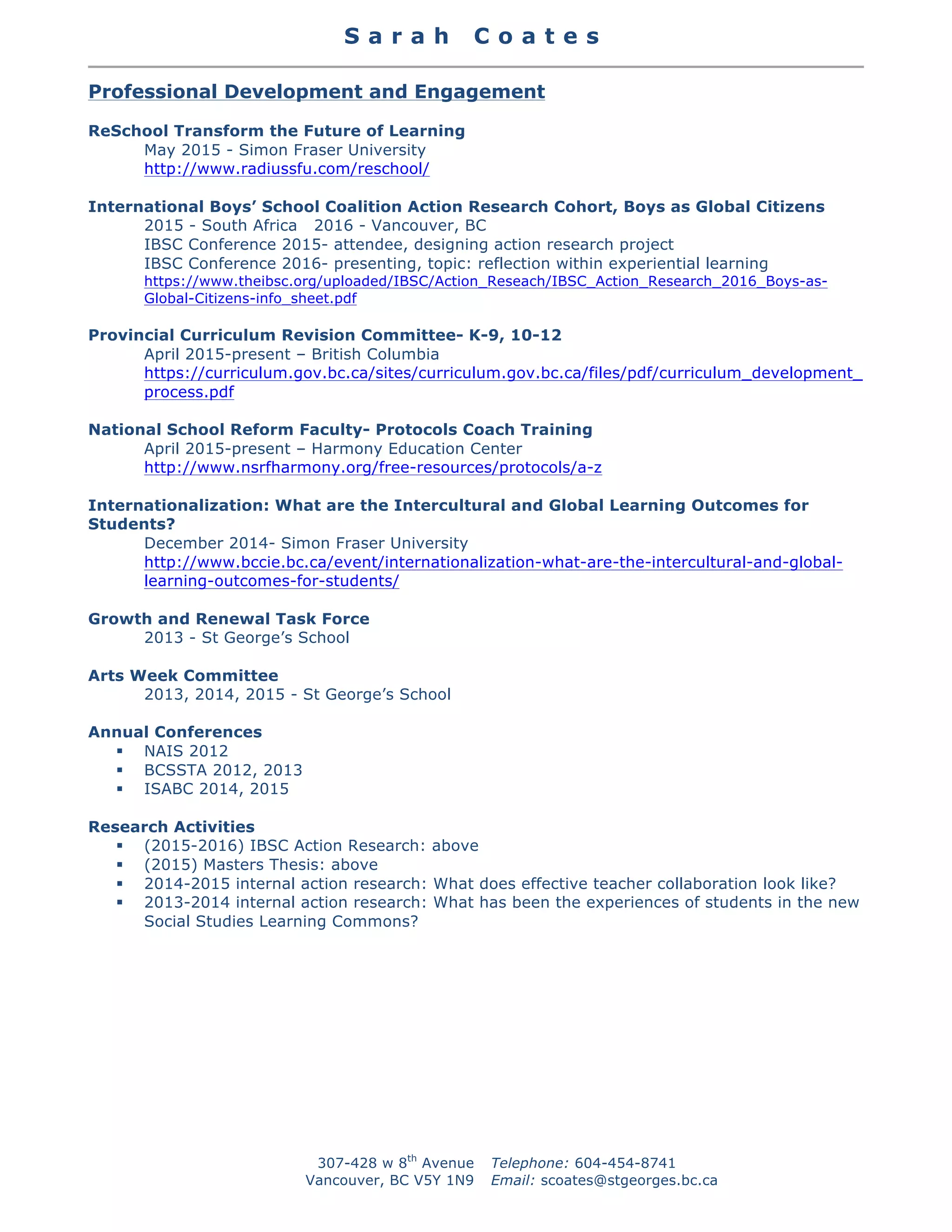 Sarah Coates Resume 2015 | PDF | Professional School | Postgraduate ...