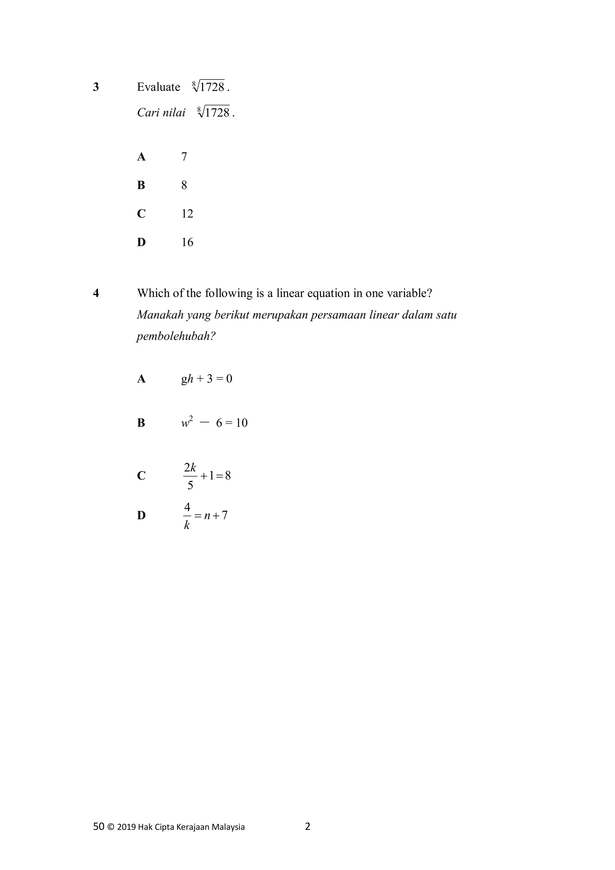 50 Item Contoh Matematik PT3 | PDF