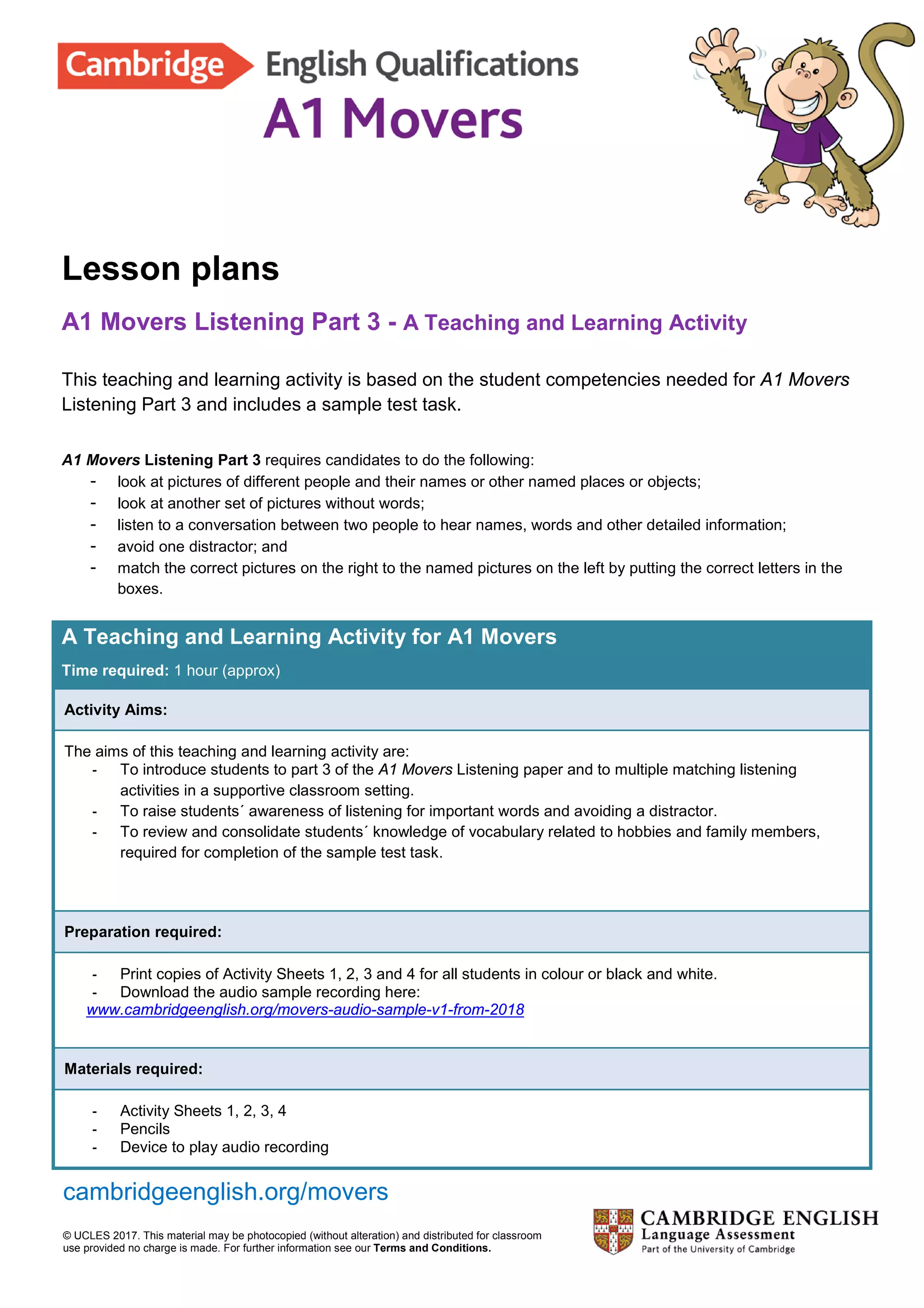 A1 movers 2018 listening part 3 | PDF
