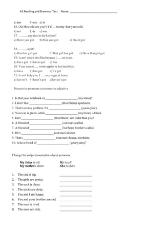 A1 reading and grammar evaluation | DOCX