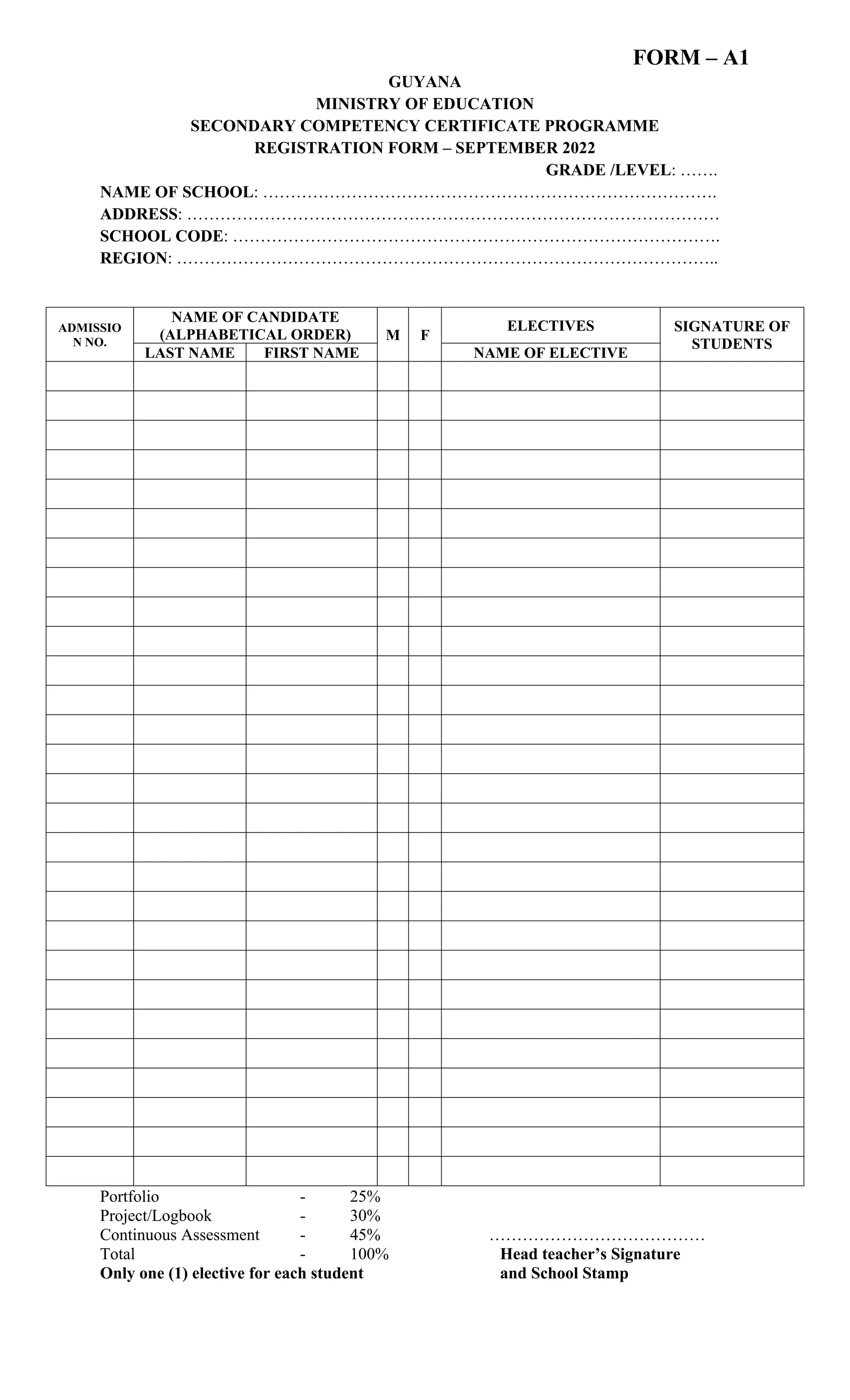 A1 Registration Form SCCP.pdf. Ministry of Education Guyana | PDF
