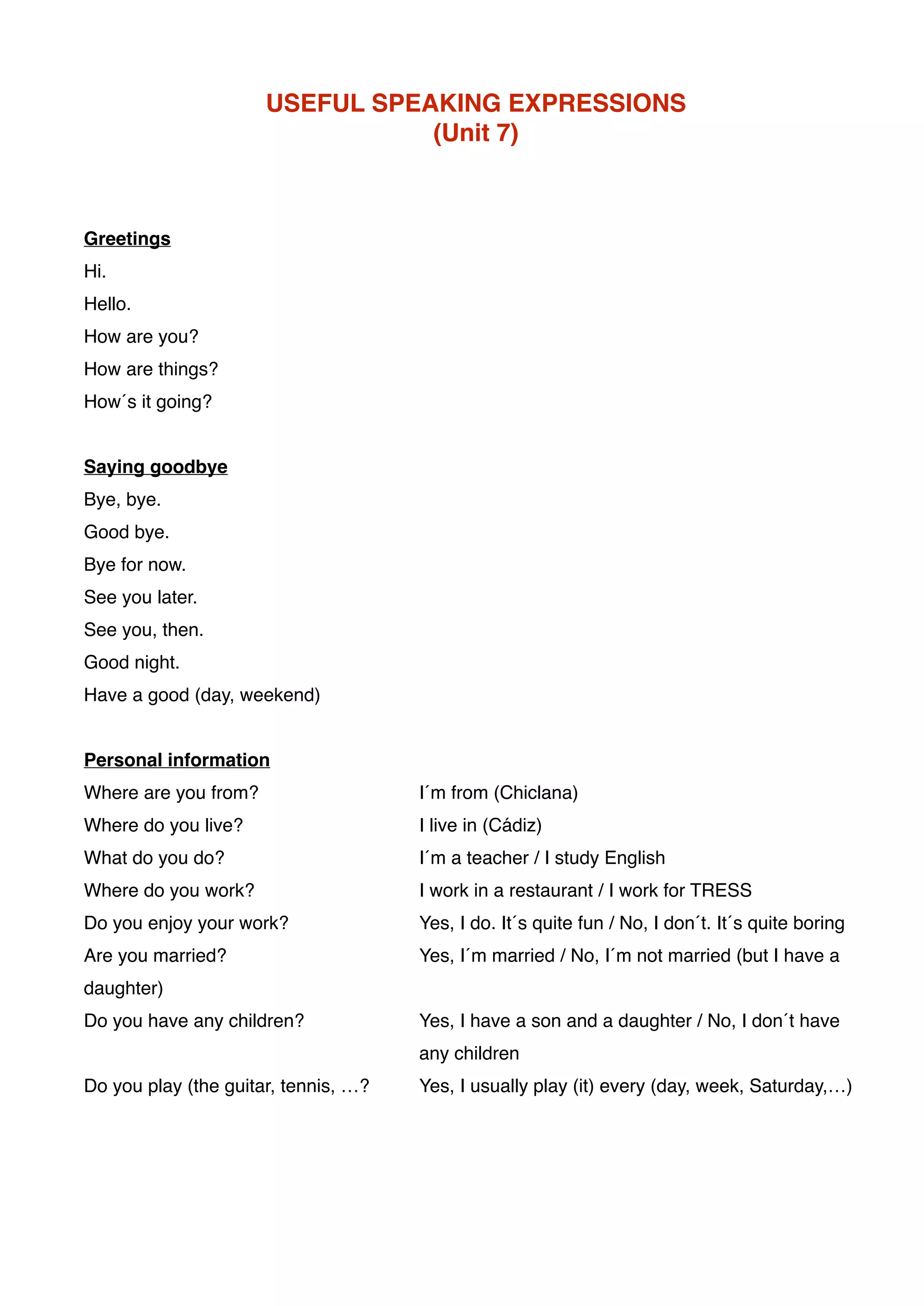 A1 useful speaking expressions (unit 7) | PDF