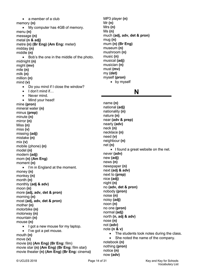 A2 key-2020-vocabulary-list