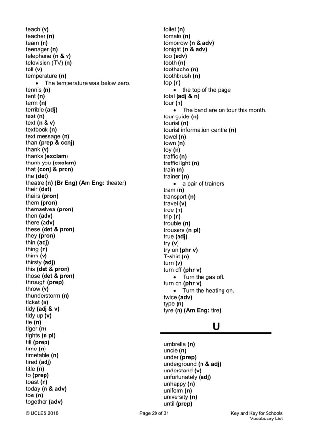 A2 key-2020-vocabulary-list