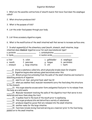 Digestion Worksheet - Review | DOC