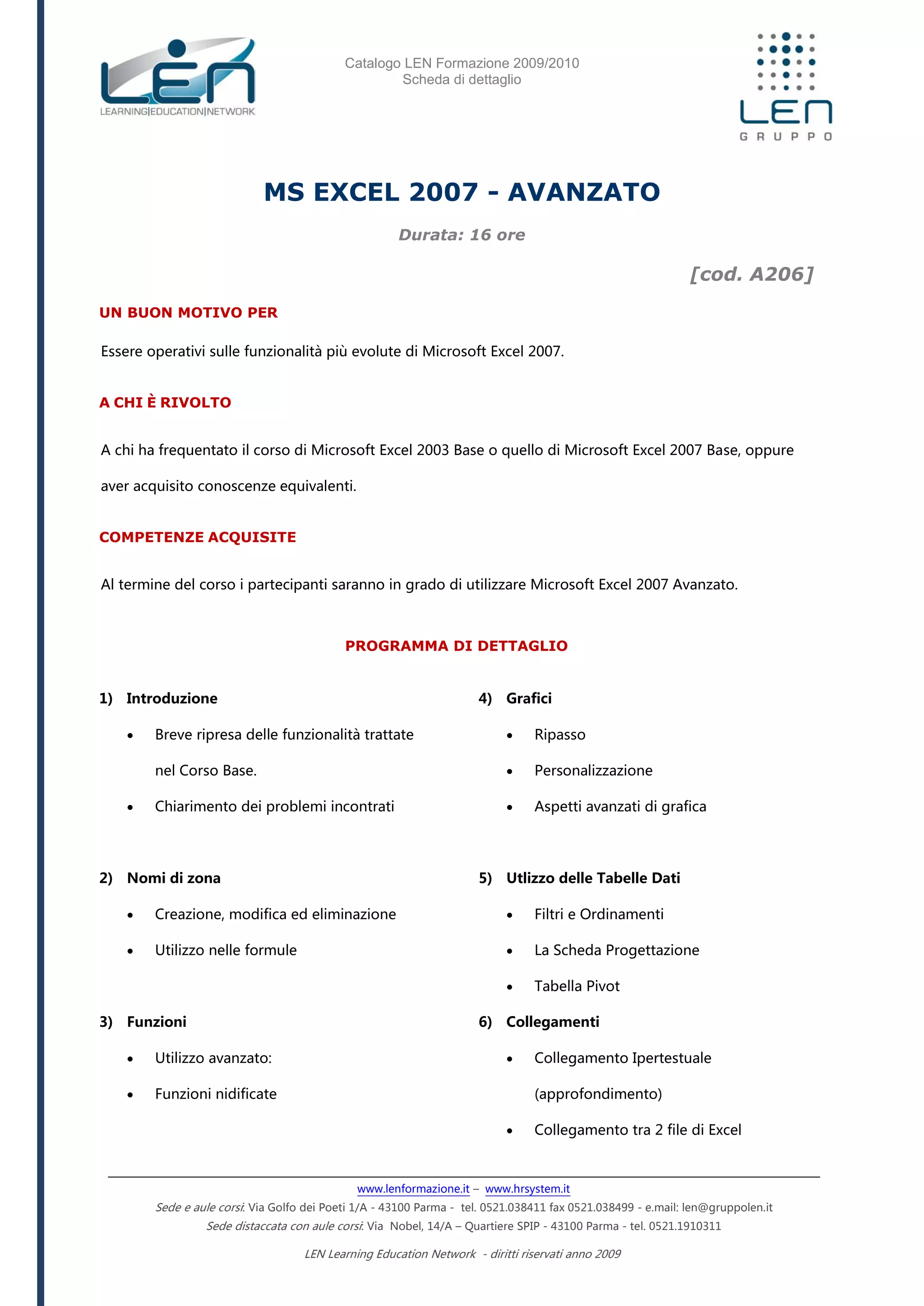 MS Excel 2007 avanzato - Scheda corso LEN | PDF