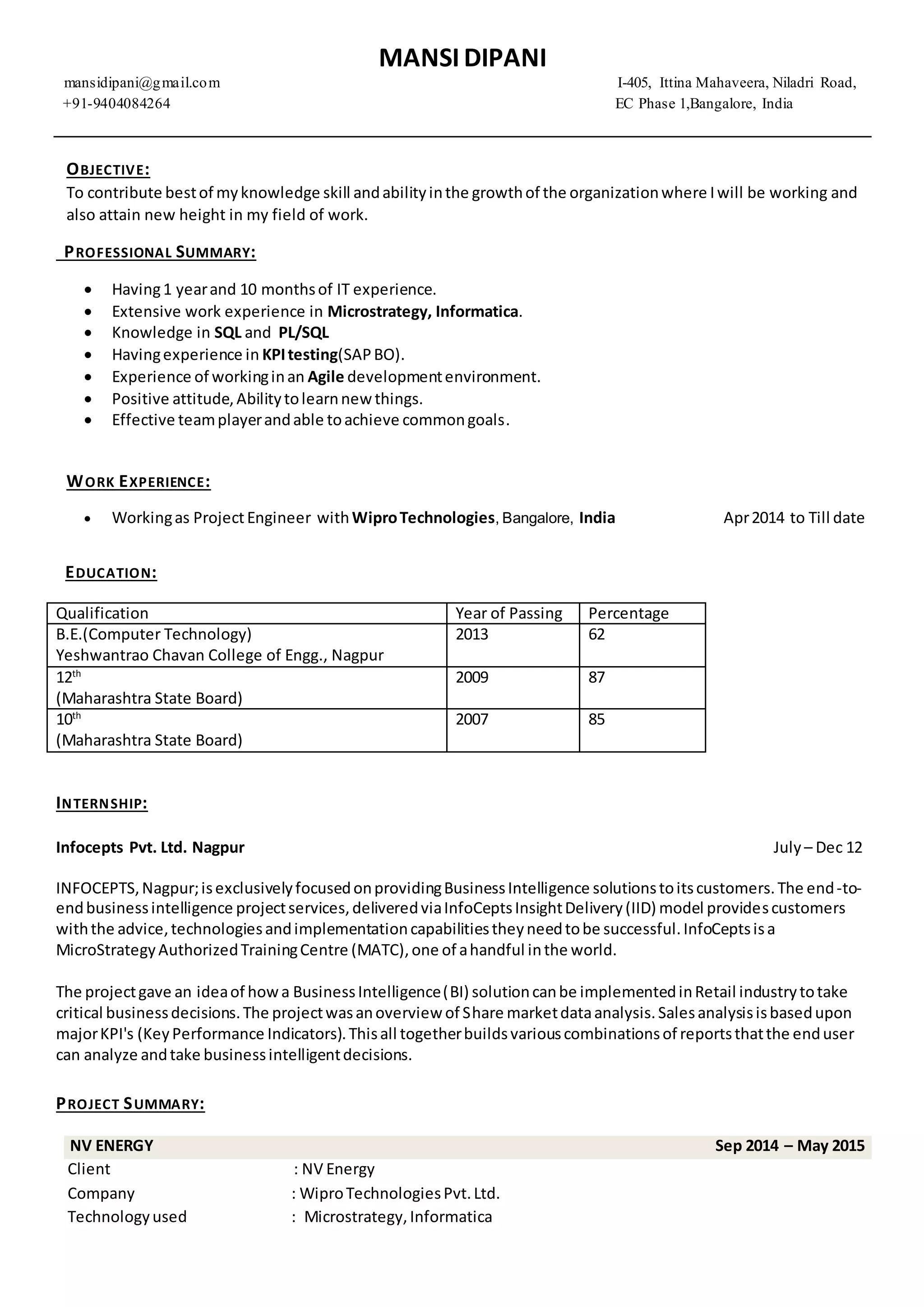 Mansi Dipani resume for BI developer role | PDF