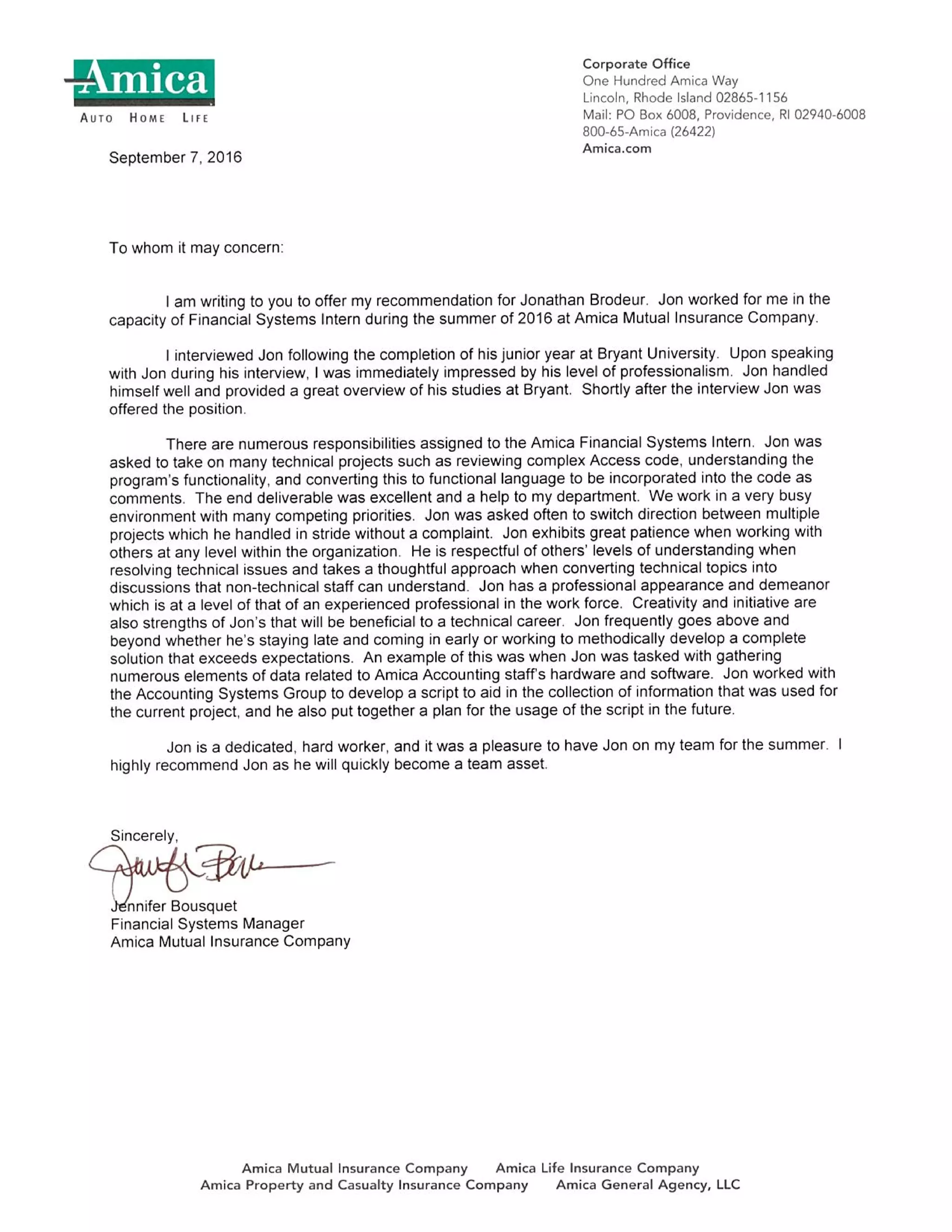 Jon Brodeur - Letter of Recommendation | PDF