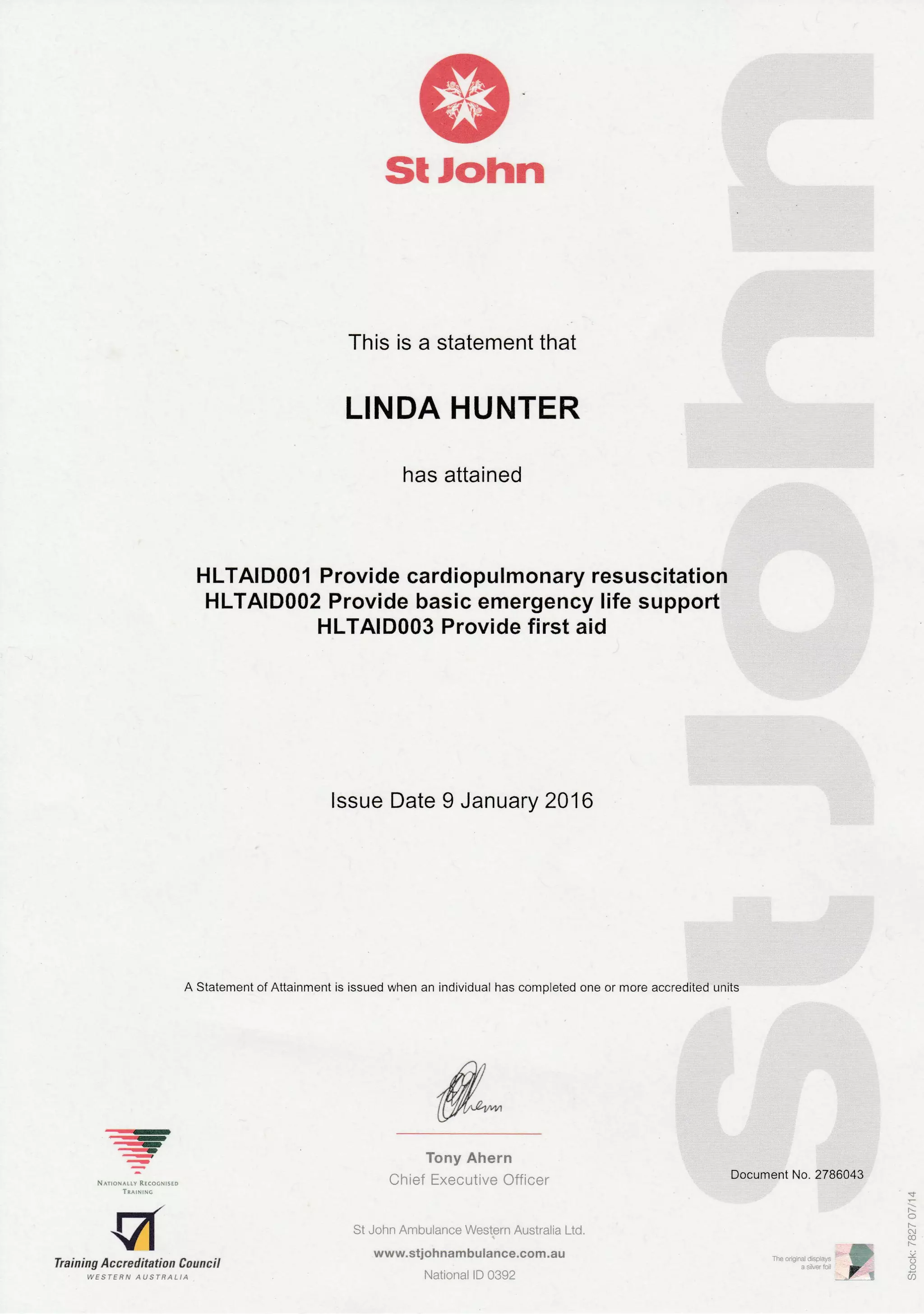 HUNTER, Linda - SFA certificate | PDF