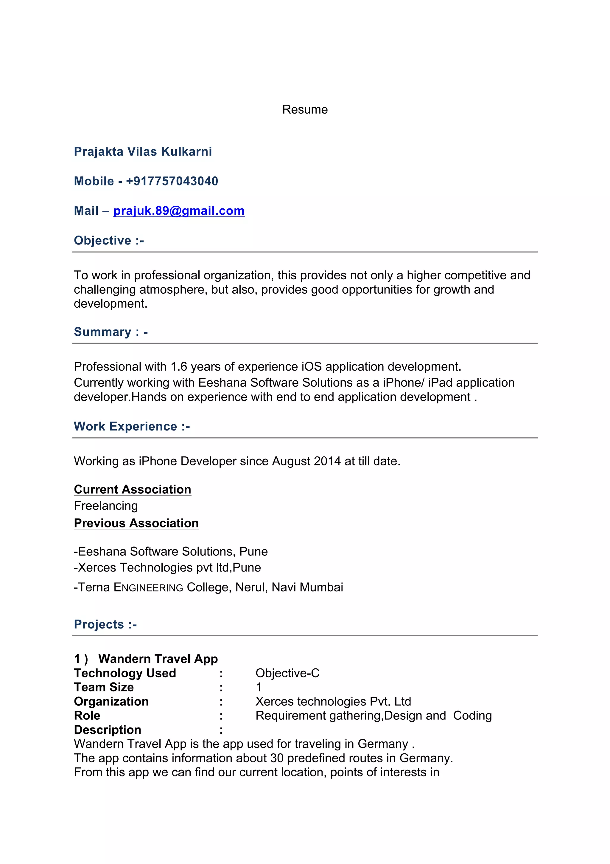 Prajakta Kulkarni (iPhone Developer) | PDF