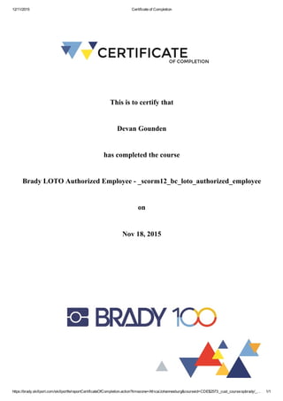 Certificate of Completion LOTO | PDF
