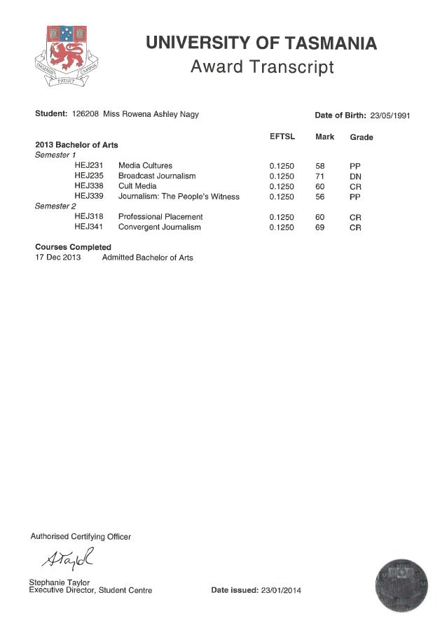 Bachelor of Arts Degree Academic Transcript 1 Bachelor of Arts Degree Academic Transcript 1