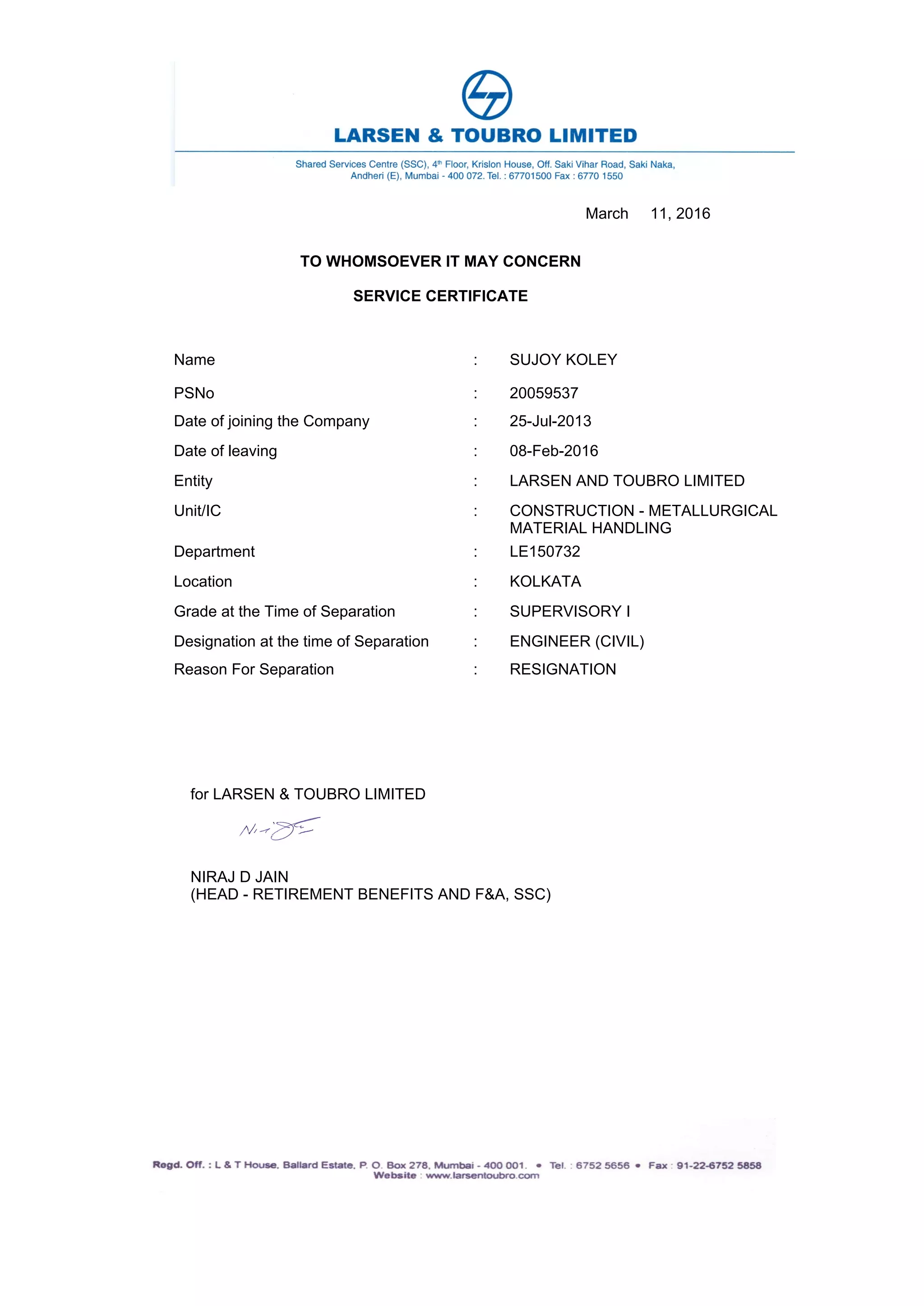 L&T Service Certificate | PDF