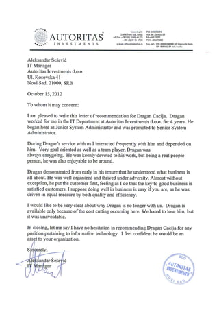 Dragan Čačija Pismo preporuke ENG | PDF