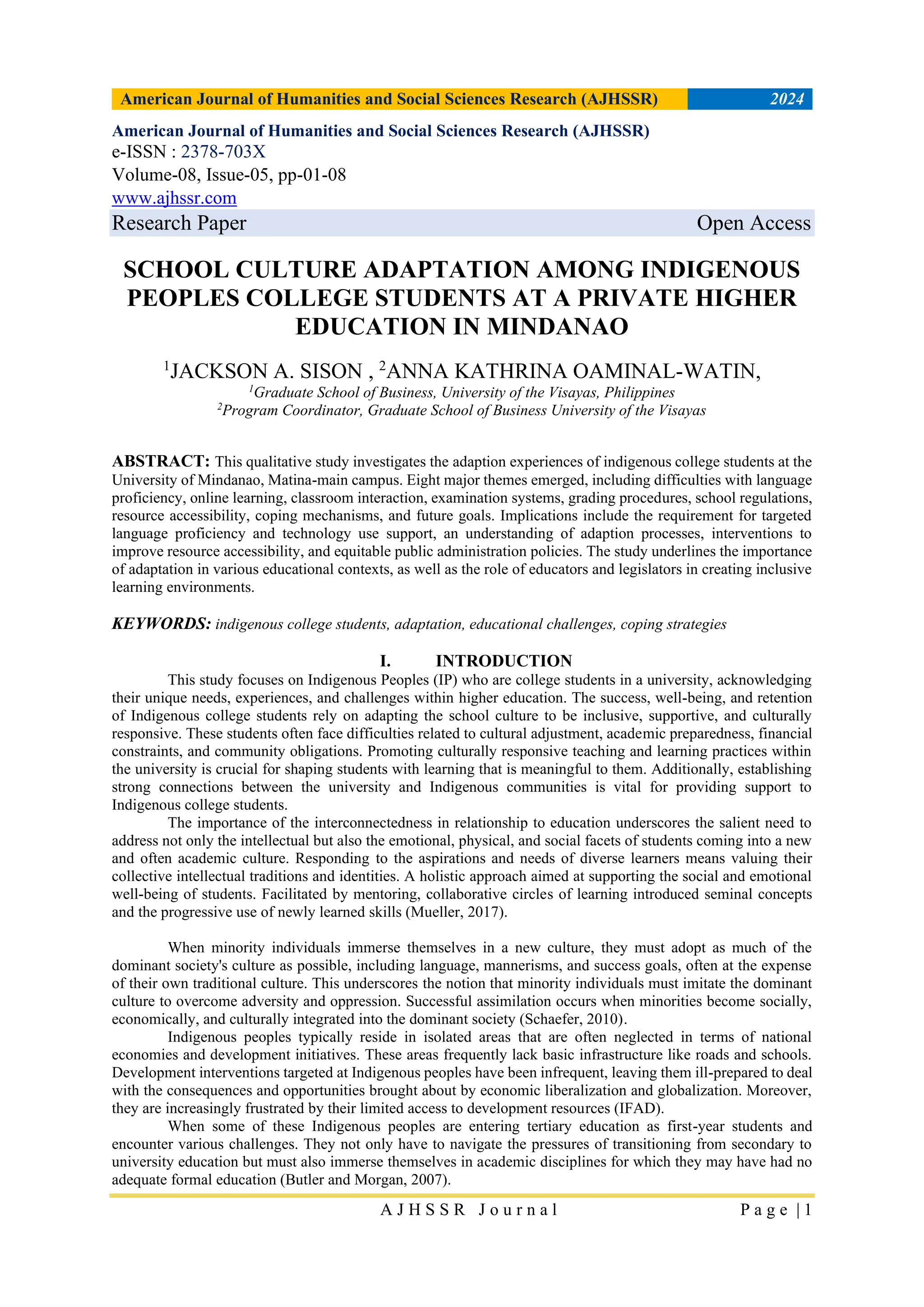 SCHOOL CULTURE ADAPTATION AMONG INDIGENOUS PEOPLES COLLEGE STUDENTS AT A PRIVATE HIGHER ...