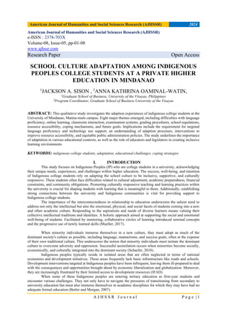 SCHOOL CULTURE ADAPTATION AMONG INDIGENOUS PEOPLES COLLEGE STUDENTS AT A PRIVATE HIGHER ...