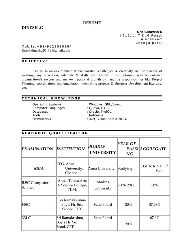 dinesh_Resume | DOC | Programming Languages | Computing