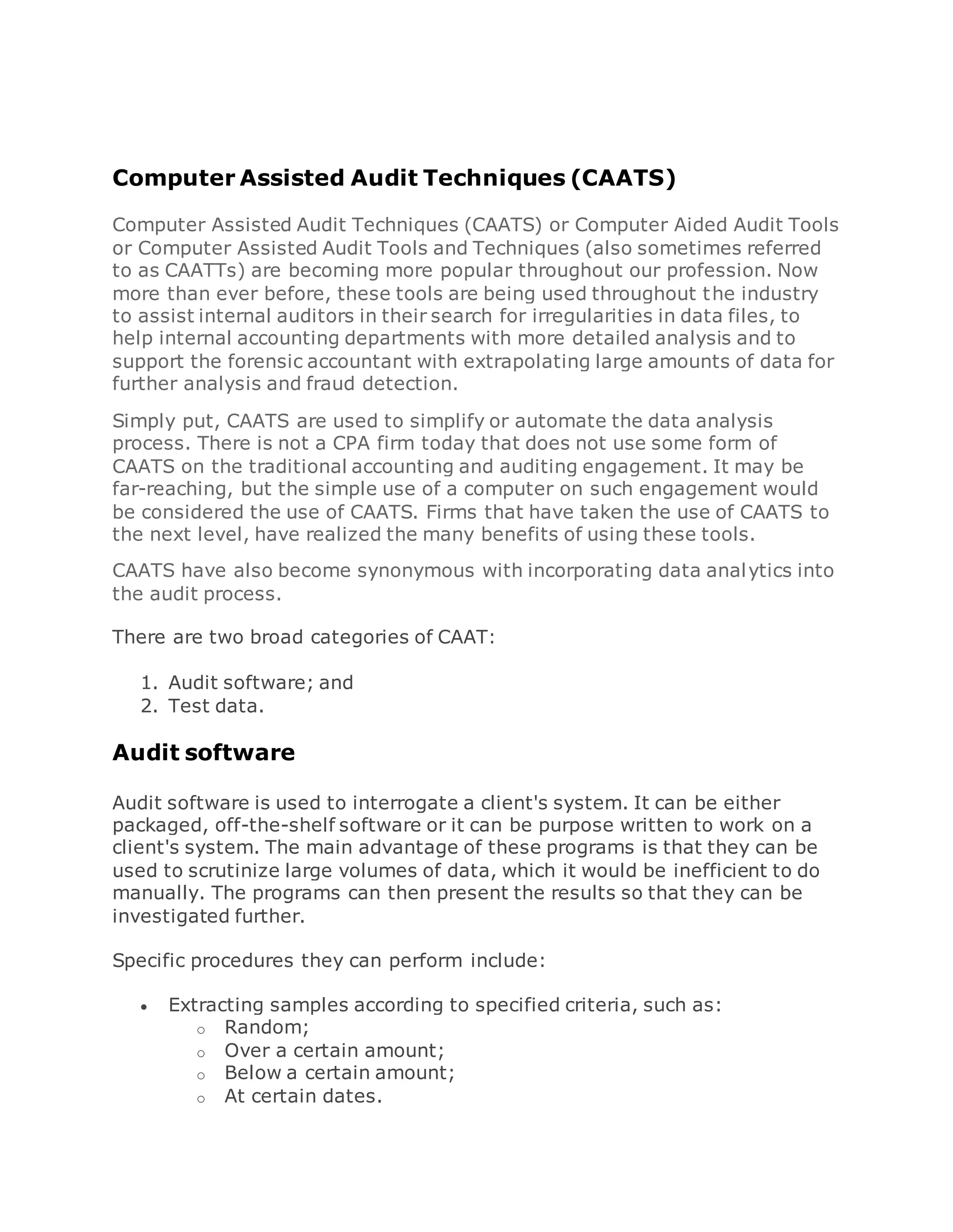 Computer Assisted Audit Techniques Caats Is Audit Pdf