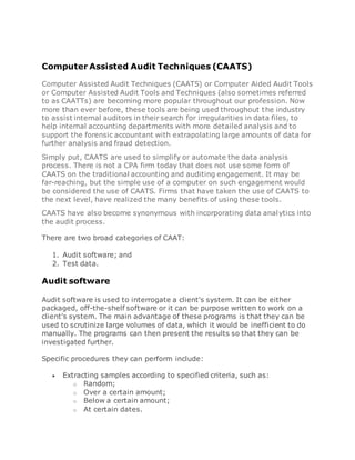 Computer Assisted Audit Techniques (CAATS) - IS AUDIT | DOCX