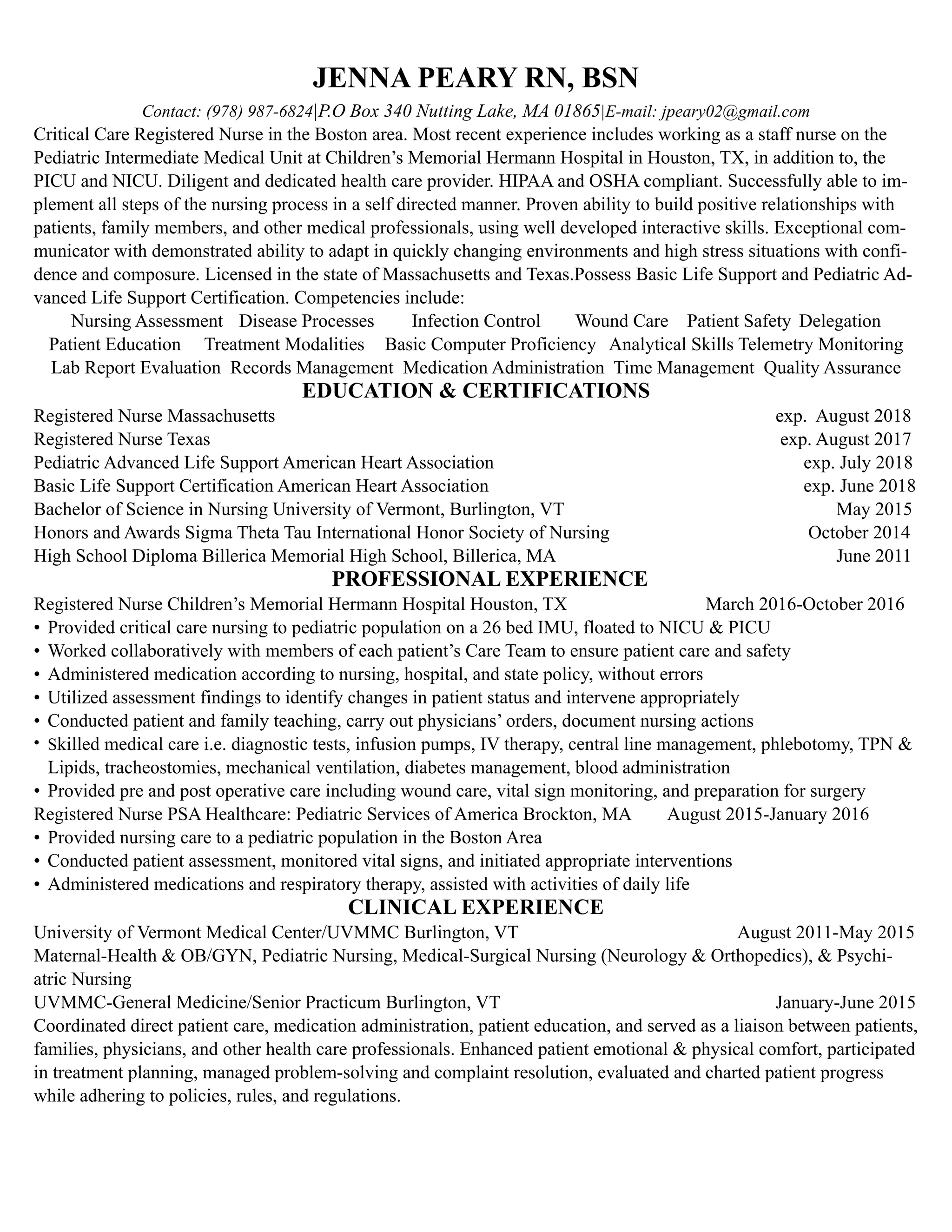Jenna Peary RN, BSN Resume 2017 | PDF
