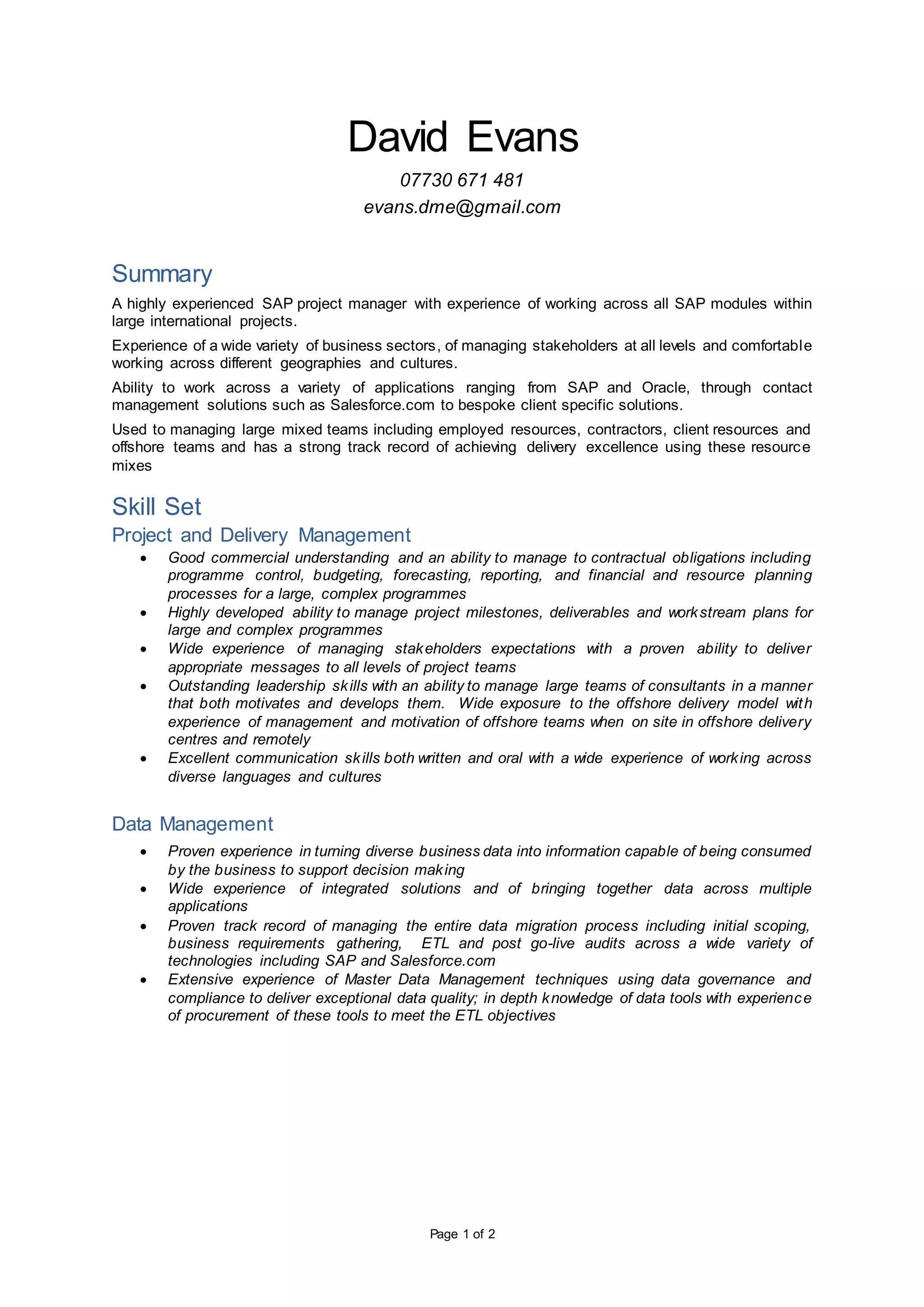 David Evans CV March 2016 v3 | DOCX