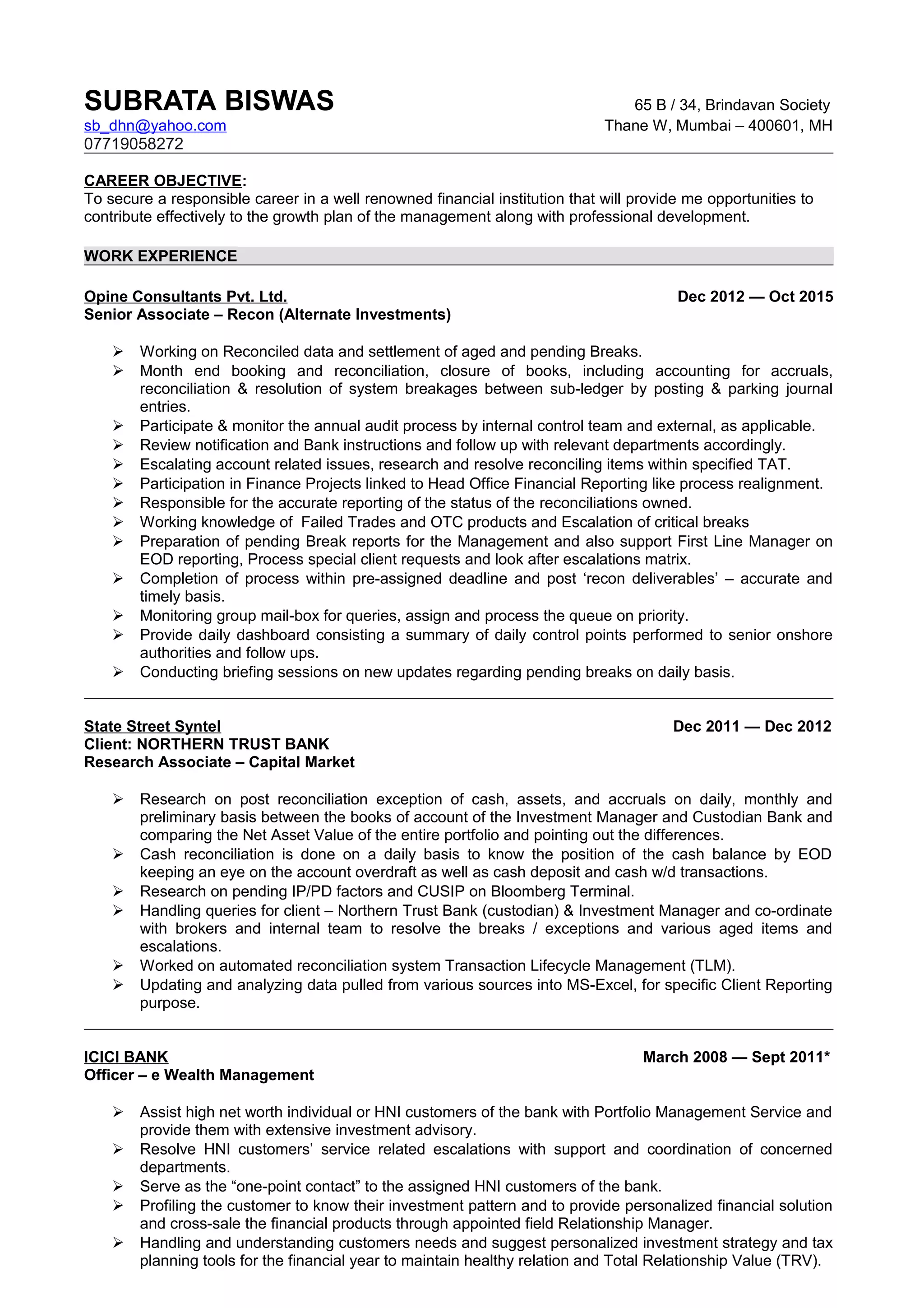 Resume SUBRATA B. 7719058272 | PDF