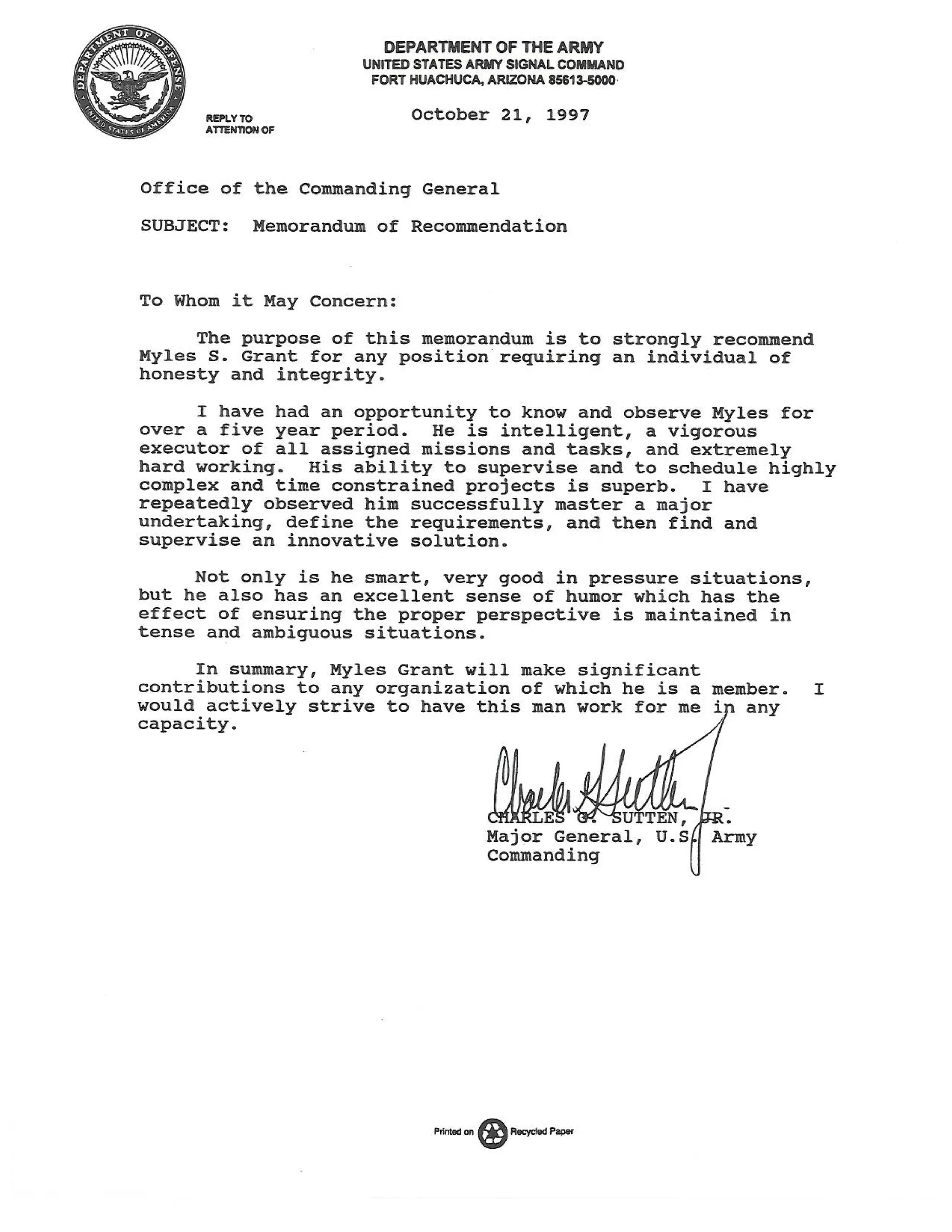 Letter of Rec - General Sutten | PDF