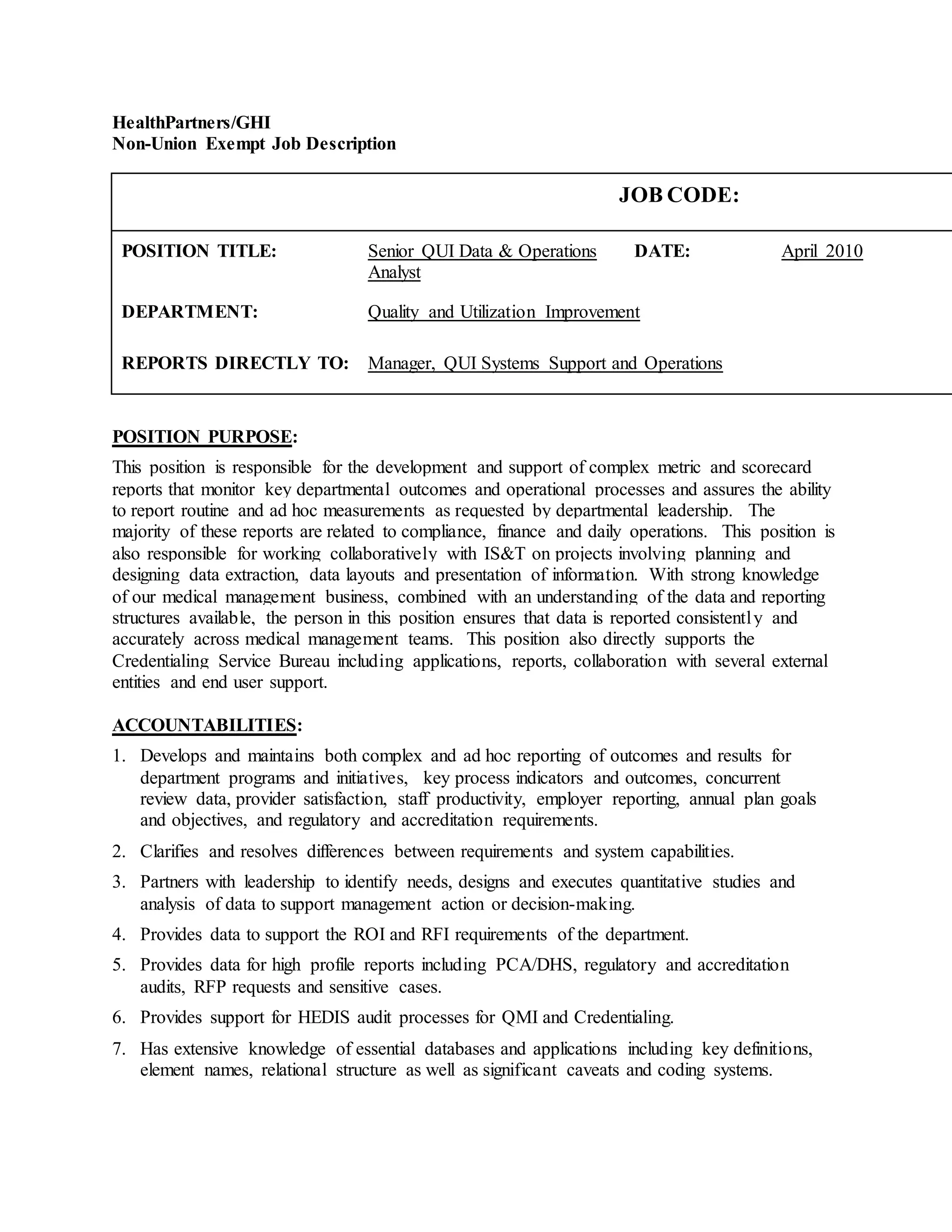 Senior QUI Data & Operations Analyst description | PDF