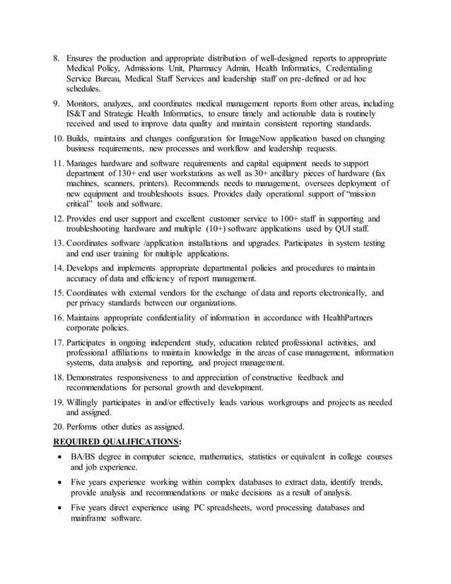 Senior QUI Data & Operations Analyst description | PDF