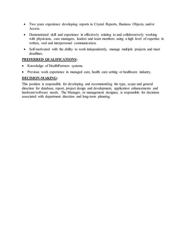 Senior QUI Data & Operations Analyst description | PDF