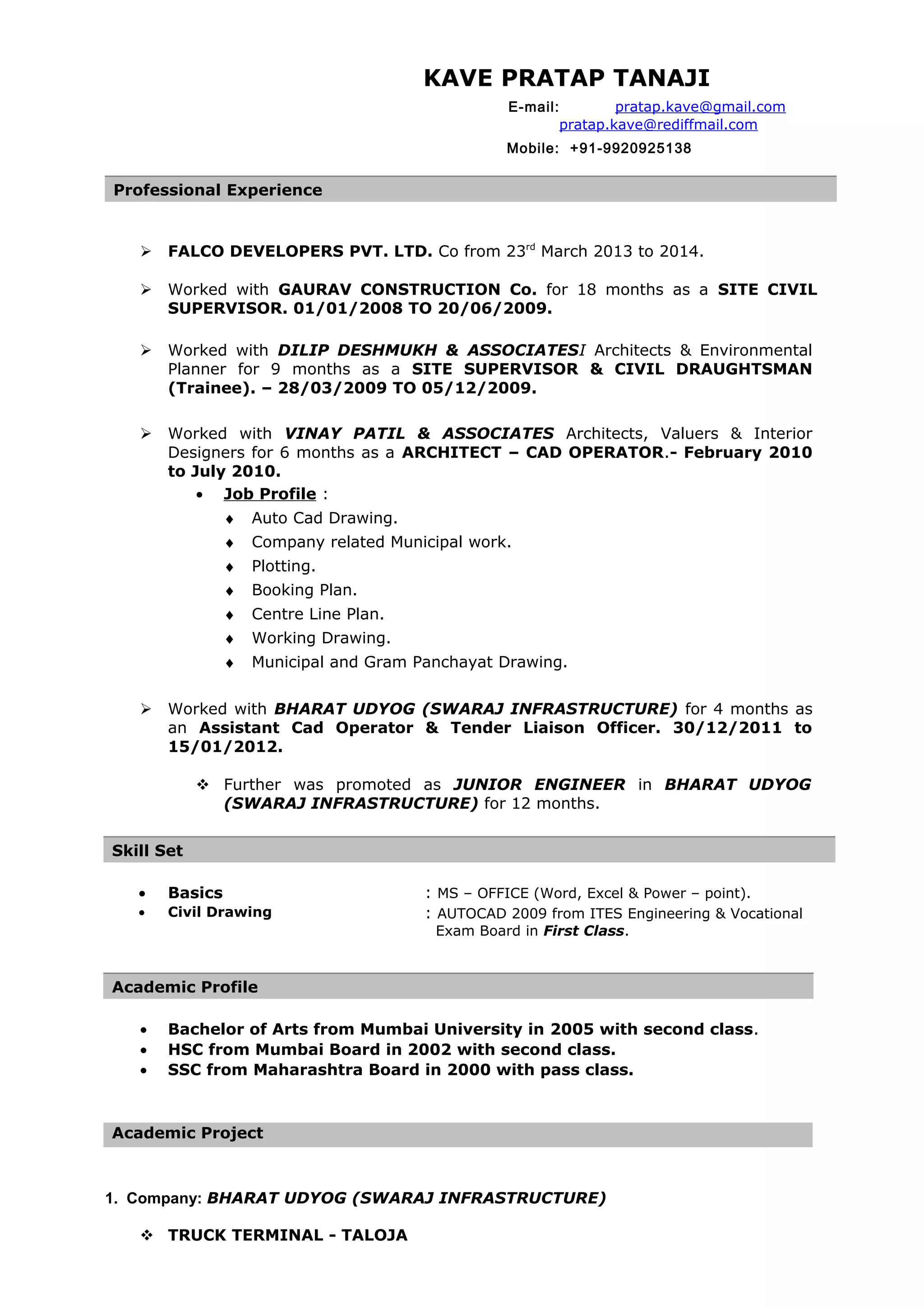 Resume_KAVE PRATAP TANAJI | DOC | Civil Engineering Industry | Industries