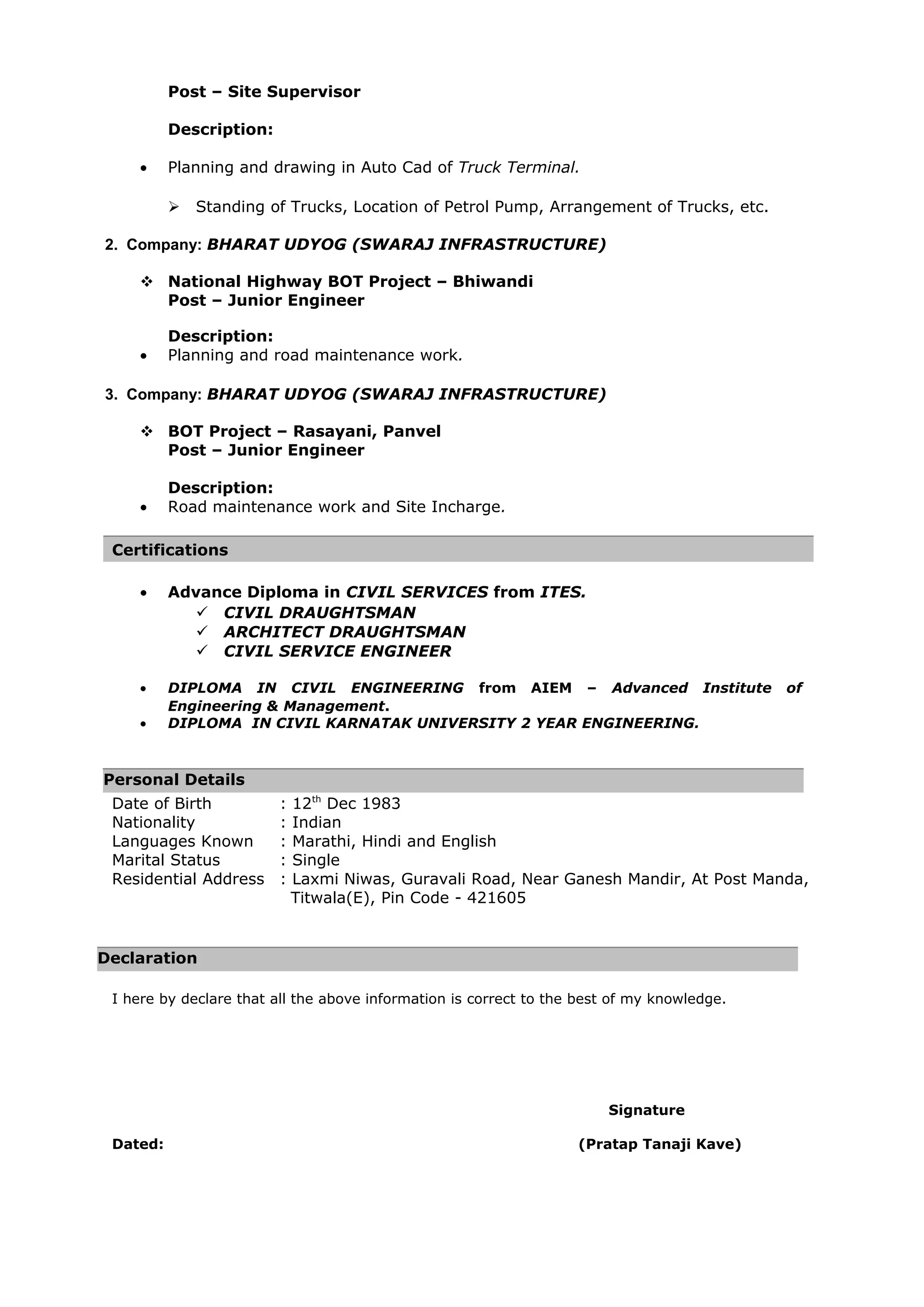 Resume_KAVE PRATAP TANAJI | DOC | Civil Engineering Industry | Industries